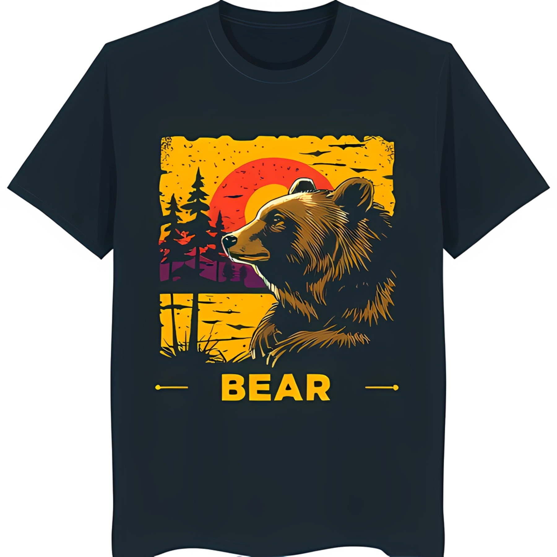 Retro Bear Sunset Graphic T-Shirt Blue with Pine Trees & 'BEAR' Print ...