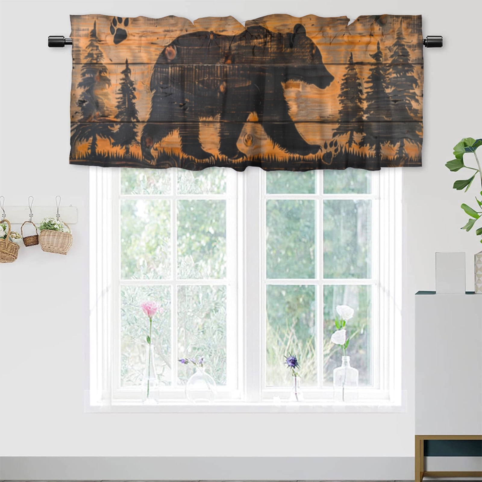 Retro Bear Window Curtain Valances Rustic Woodland Wild Animal ...