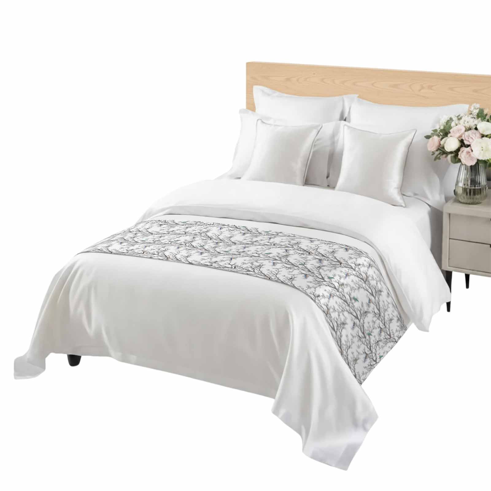 Retro Bed Runner Queen Size Nature Tree Branches Texture Colored Birds ...