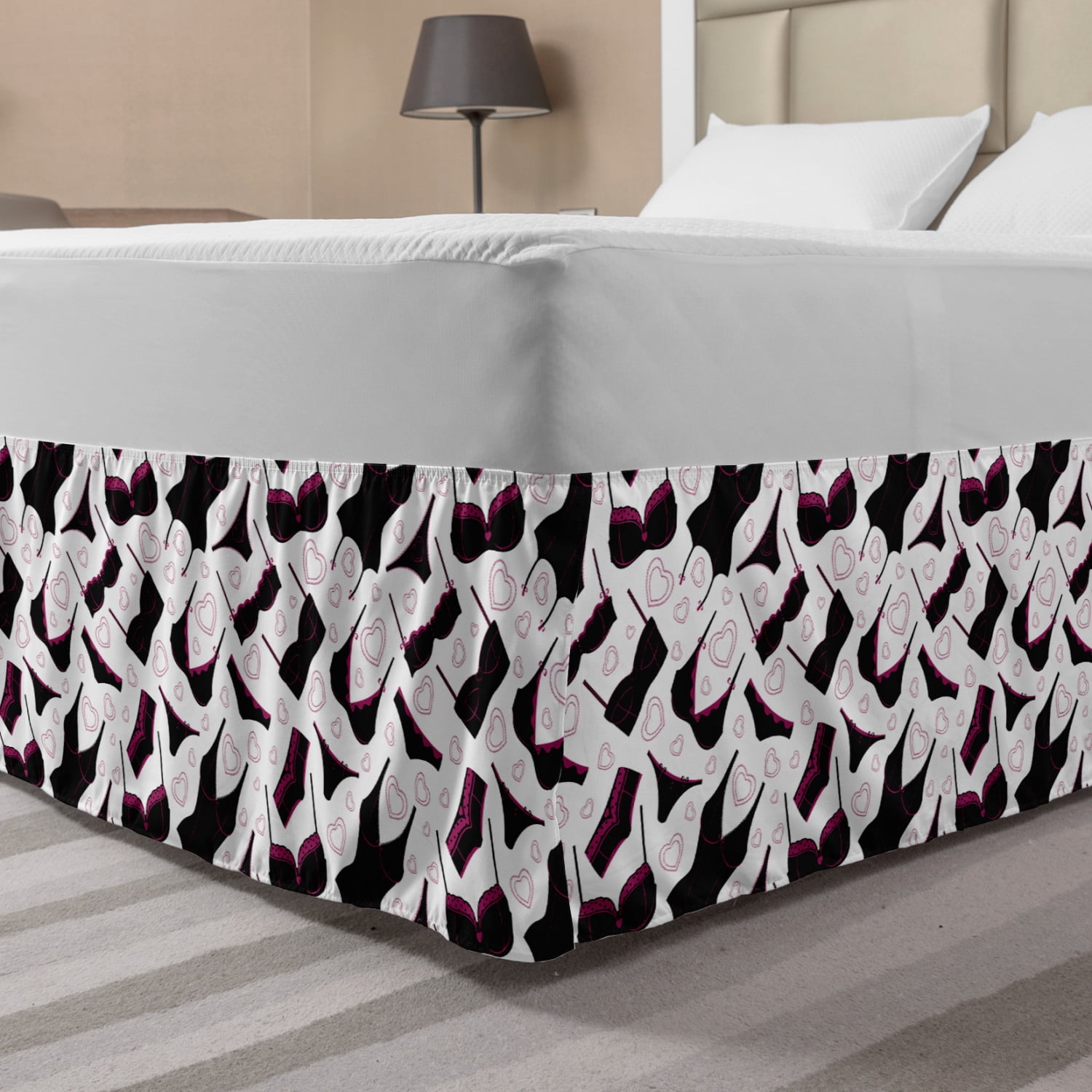 Retro Bed Skirt, Lingerie Pattern Brassiere and Panties with Hearts ...