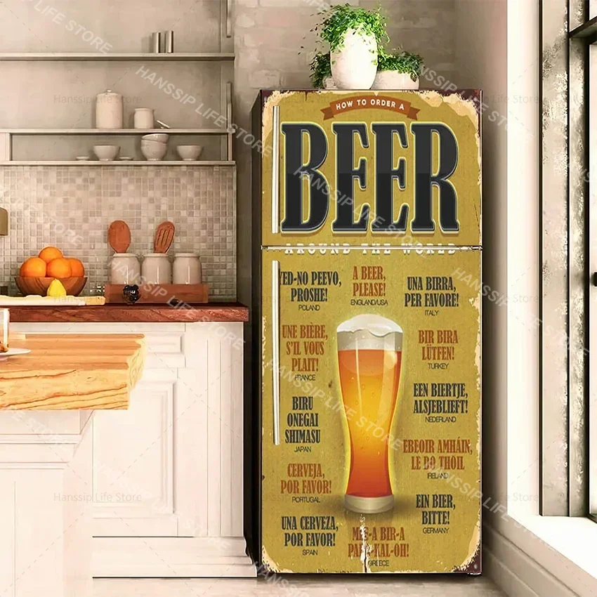 Retro Beer Poster Fridge Door Mural Decals Waterproof Kitchen ...