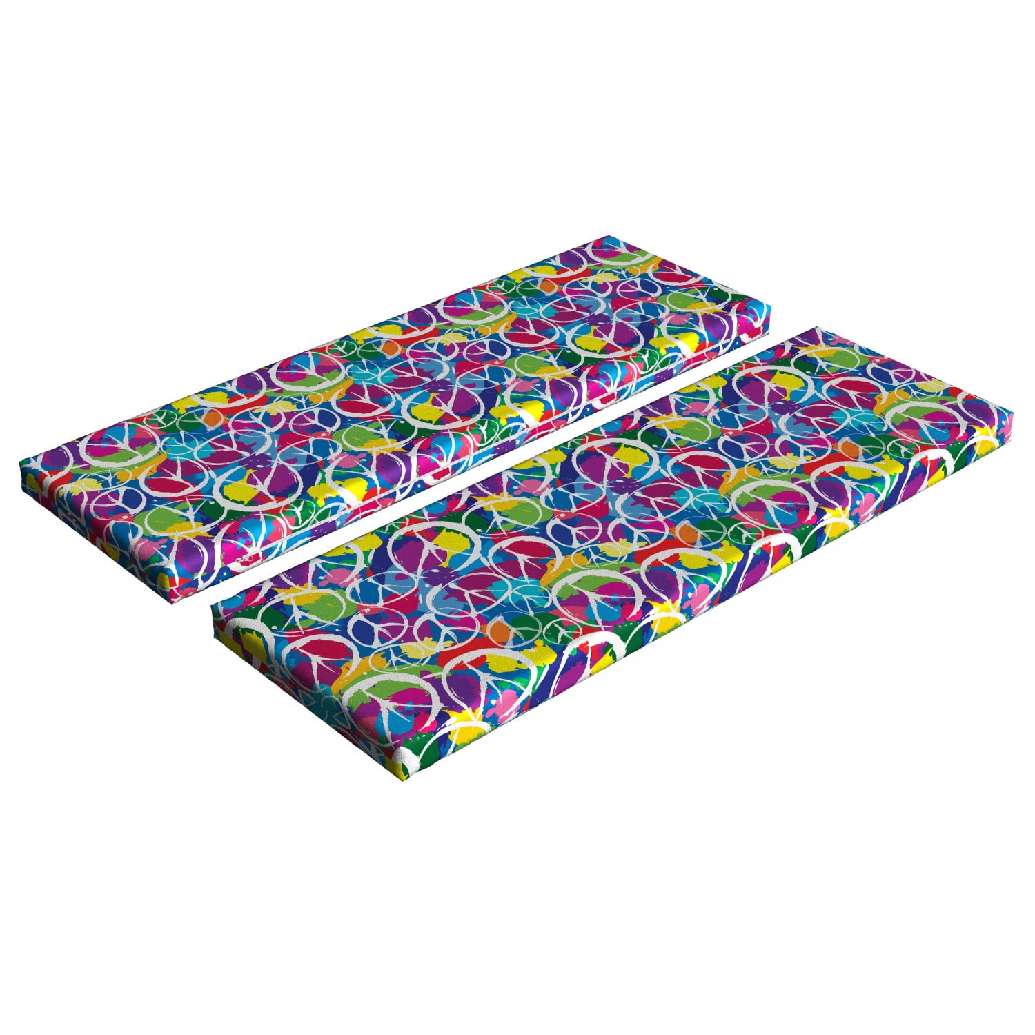 Retro Bench Cushion Set of 2, Universal Peace Sign on Colorful Pop Art ...