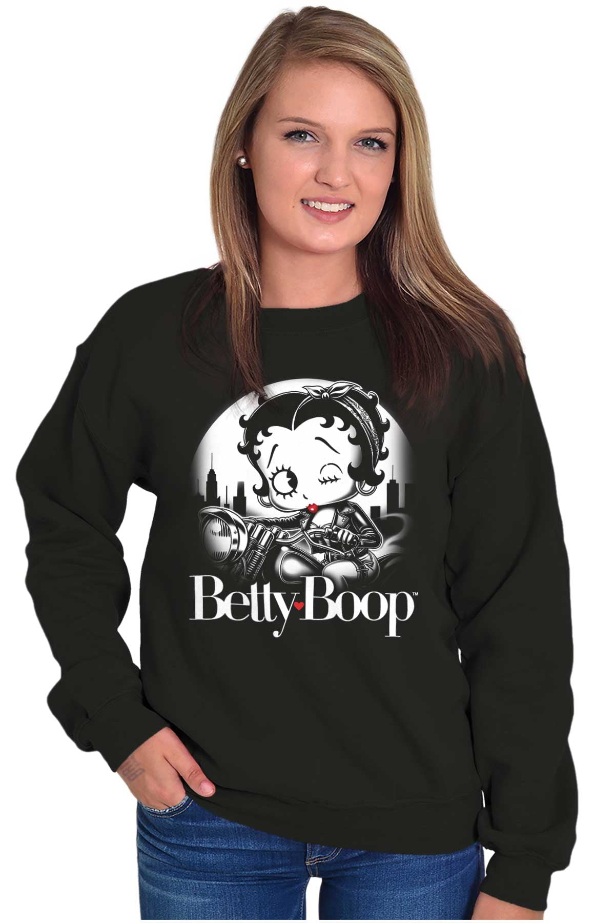 Retro Betty Boop Biker Cartoon Wink Women Crewneck Sweatshirt Brisco ...