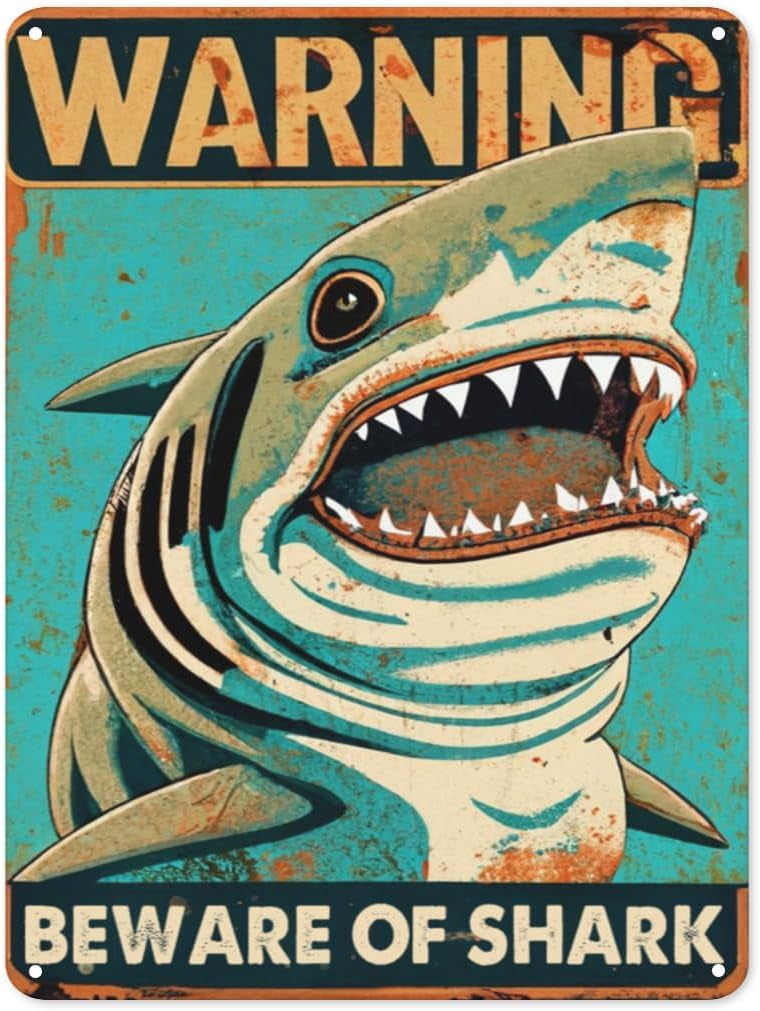Retro Beware of the Shark Tin Metal Wall Decor Poster Vintage Tinplate ...
