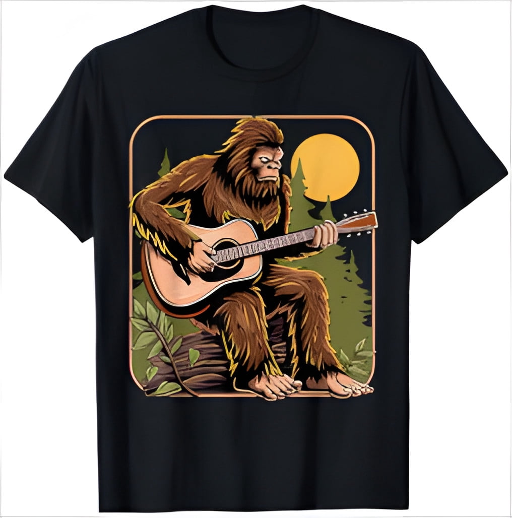 Retro Bigfoot Sasquatch Playing Acoustic Guitar Guitarist T-Shirt ...