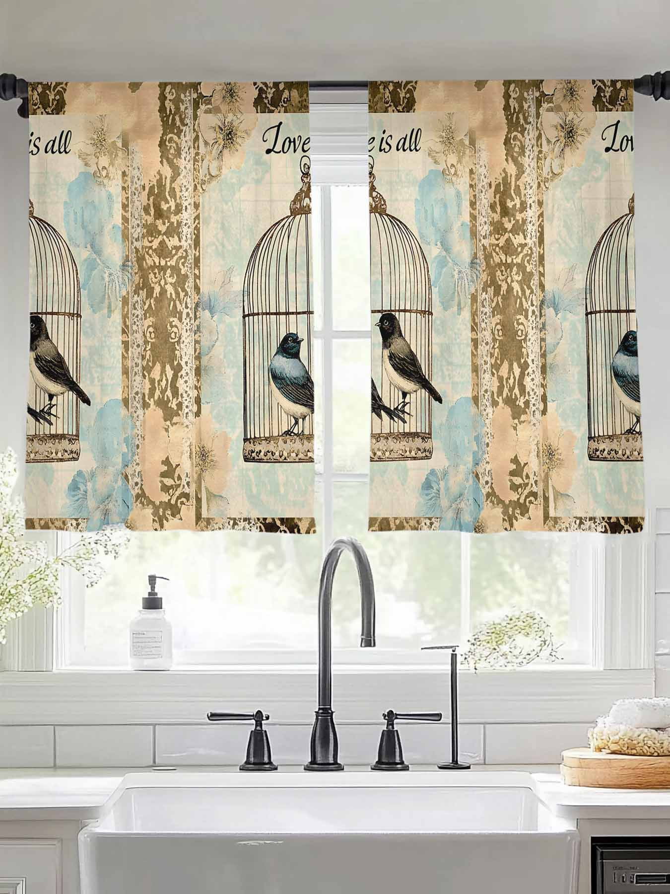 Retro Birds Cage Sheer Curtains for Living Room Bedroom Watercolor ...
