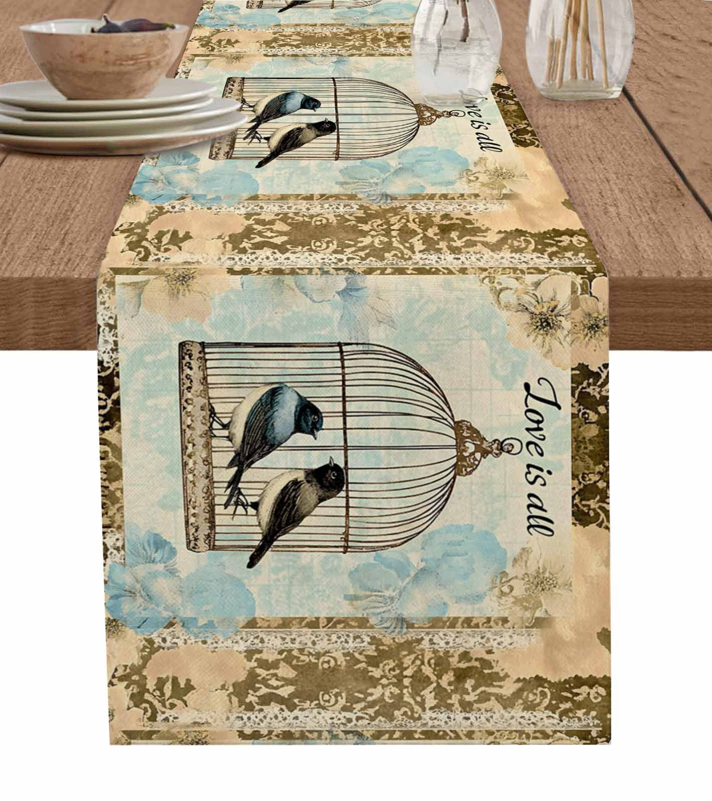 Retro Birds Cage Table Runner 72 Inches, Watercolor Floral Pattern Bed ...