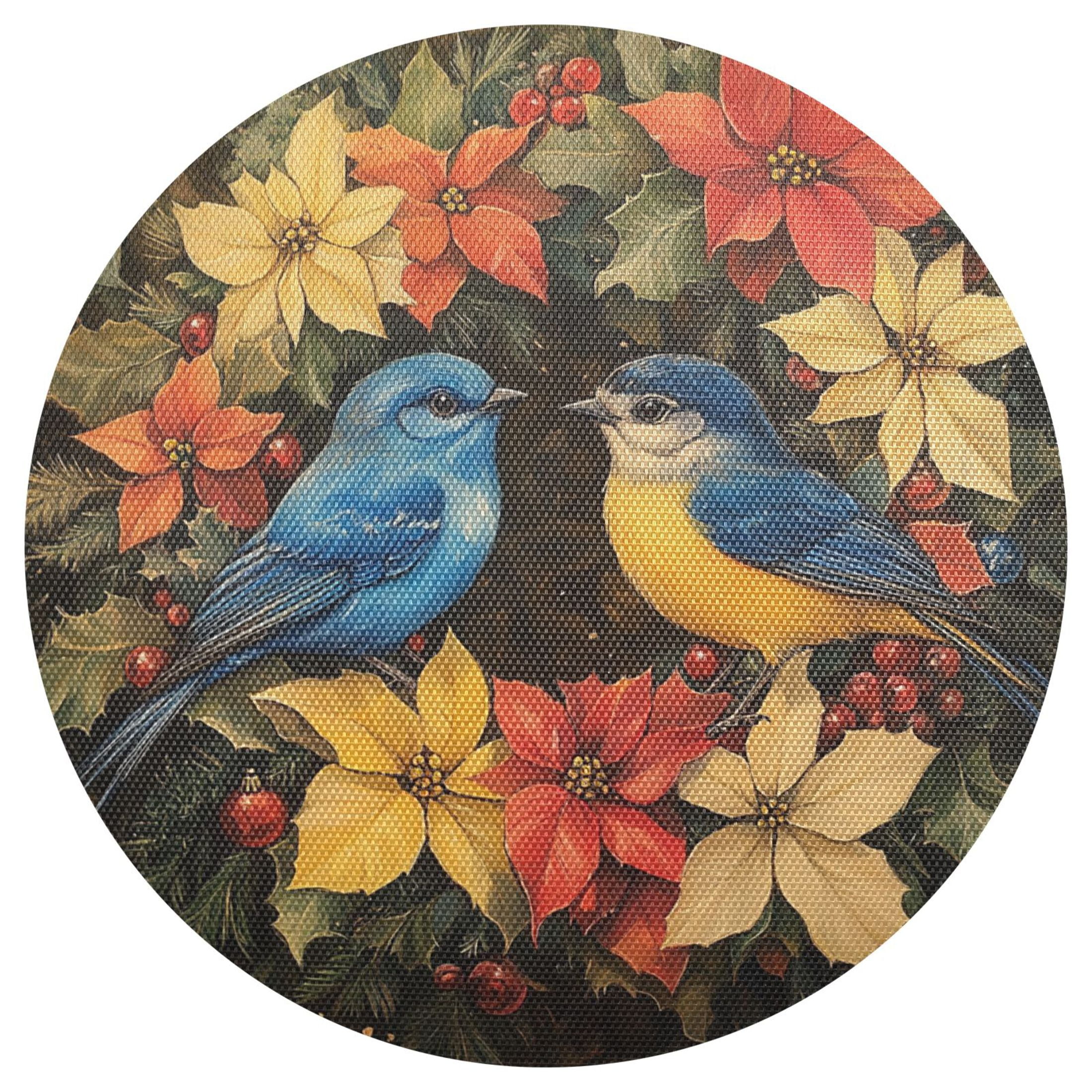 Retro Birds Couple on Garland Autumn PVC Round Grid Placemat Table Mat ...