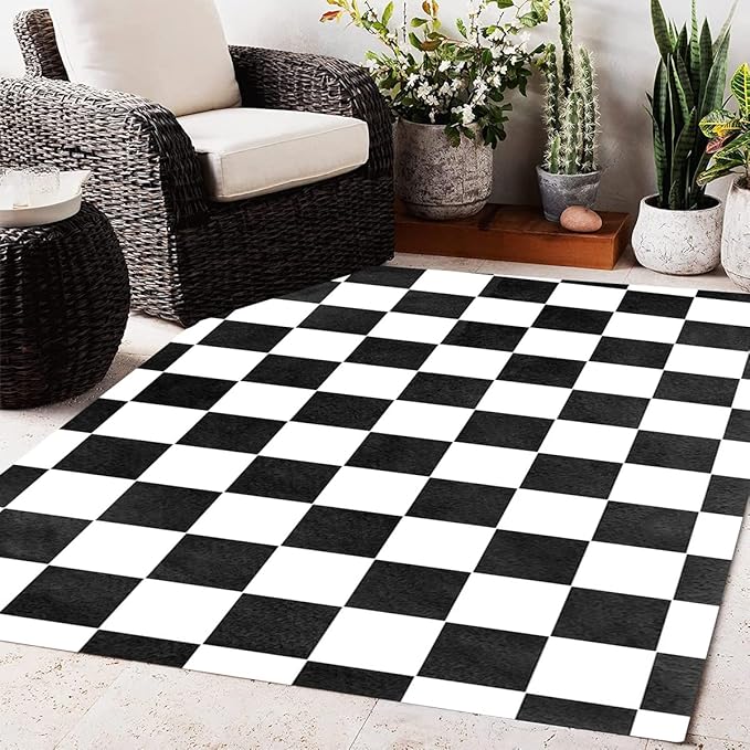 Retro Black And White Checkered Area Rugs Modern Buffalo Plaid Carpet ...
