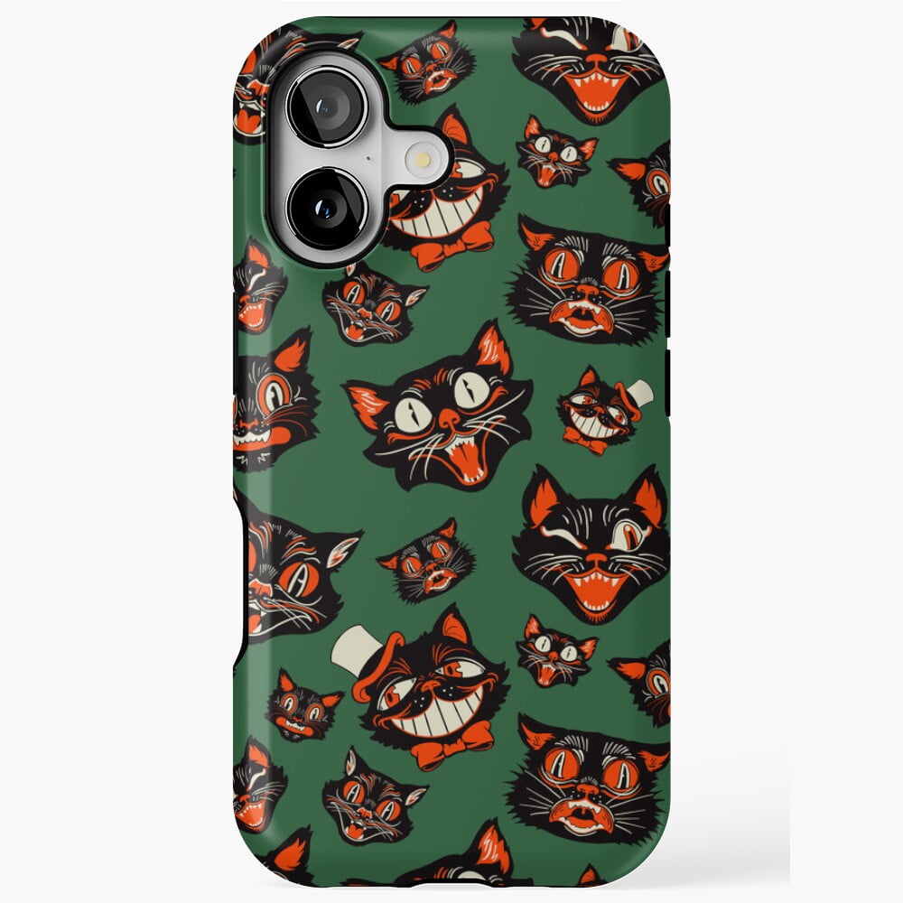 Retro Black Cat Faces Pattern Green Background Case iPhone 11 through ...