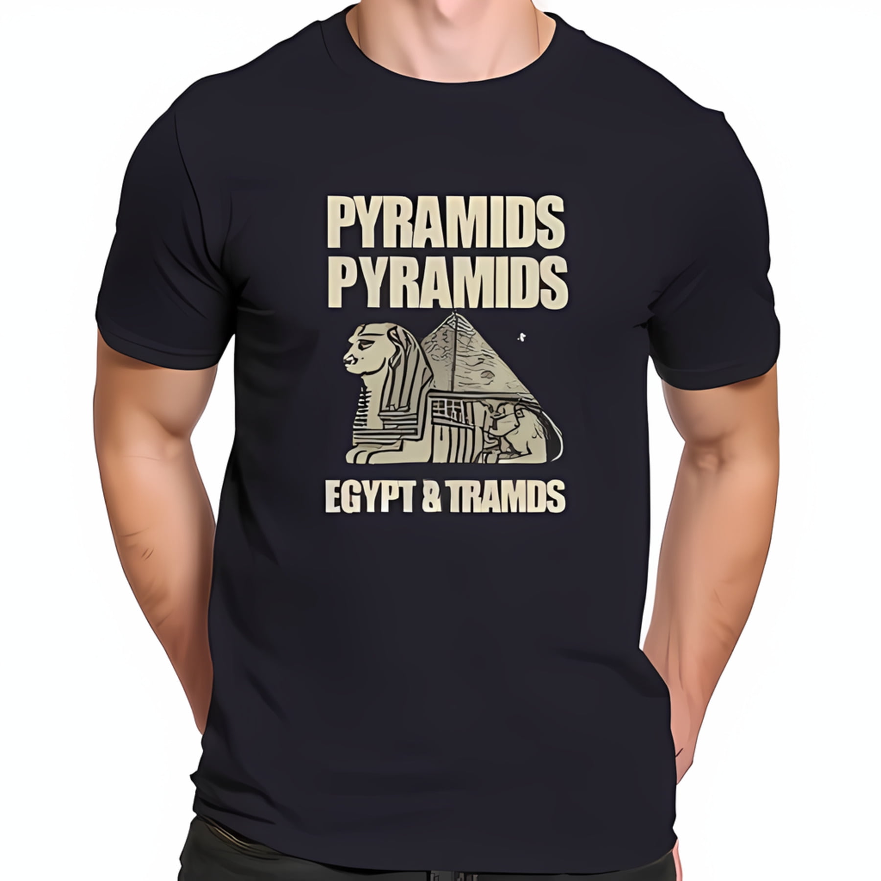 Retro Black Cotton Short Sleeve T-Shirt with 'PYRAMIDS PYRAMIDS' & Great Sphinx Design - Perfect ...