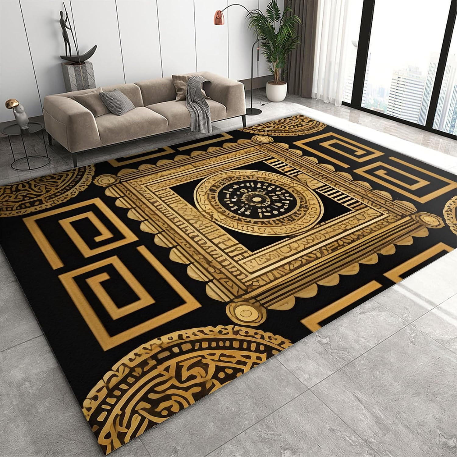 Retro Black Gold Greek Key Area Rug, Abstract Luxury 3D Geometric Print ...