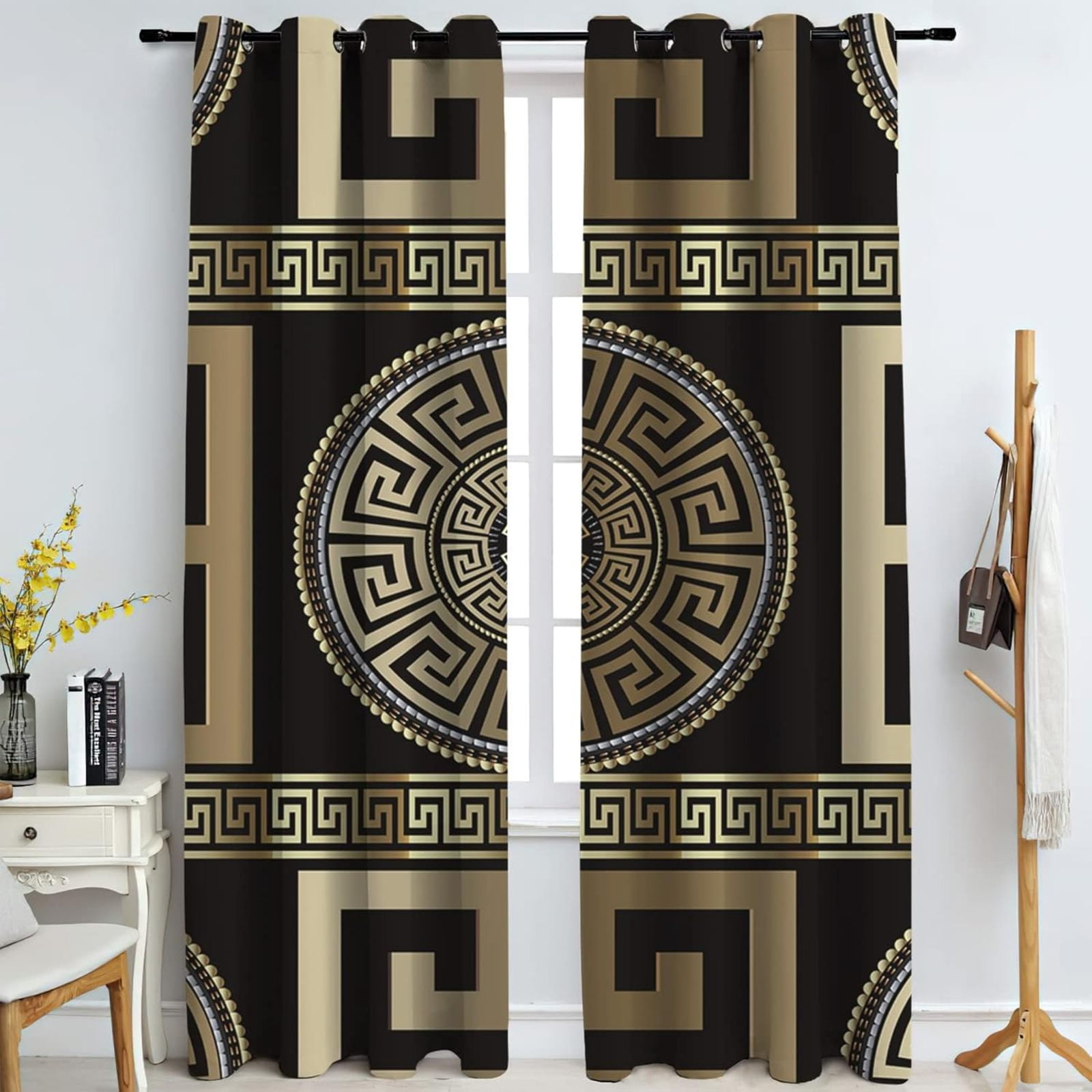 Retro Black Gold Greek Key Meander 3D Print Window Curtain Panel, 3D ...