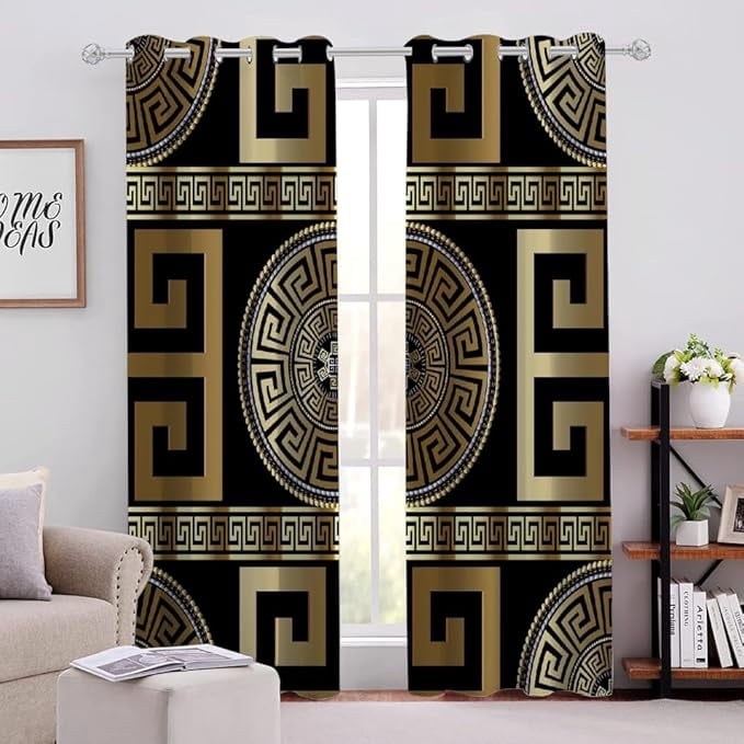 Retro Black Gold Greek Key Meander Blackout Curtains For Living Room ...