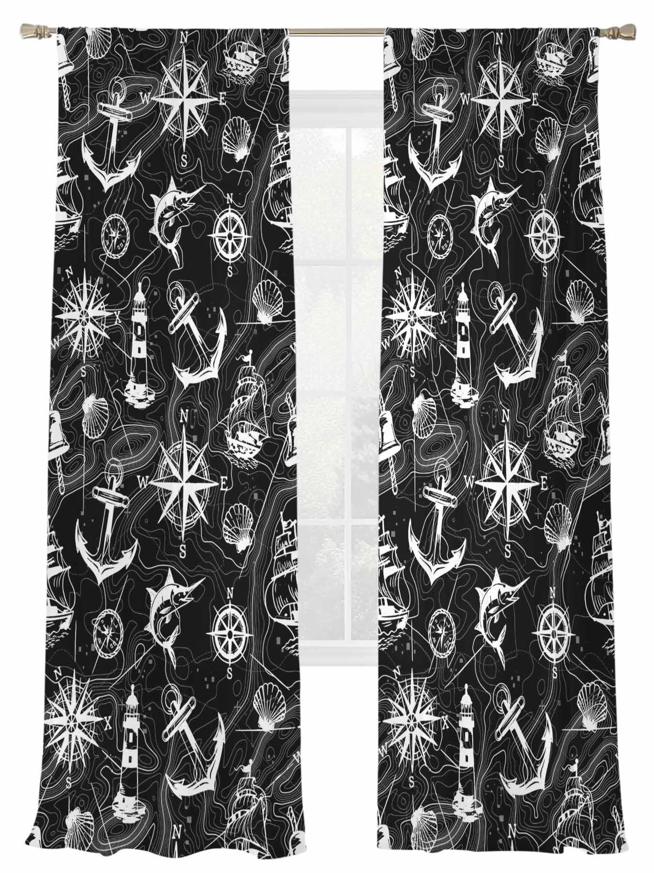 Retro Black Map Sheer Curtains 96 Inch Long 2 Panels, Abstract Sailing ...