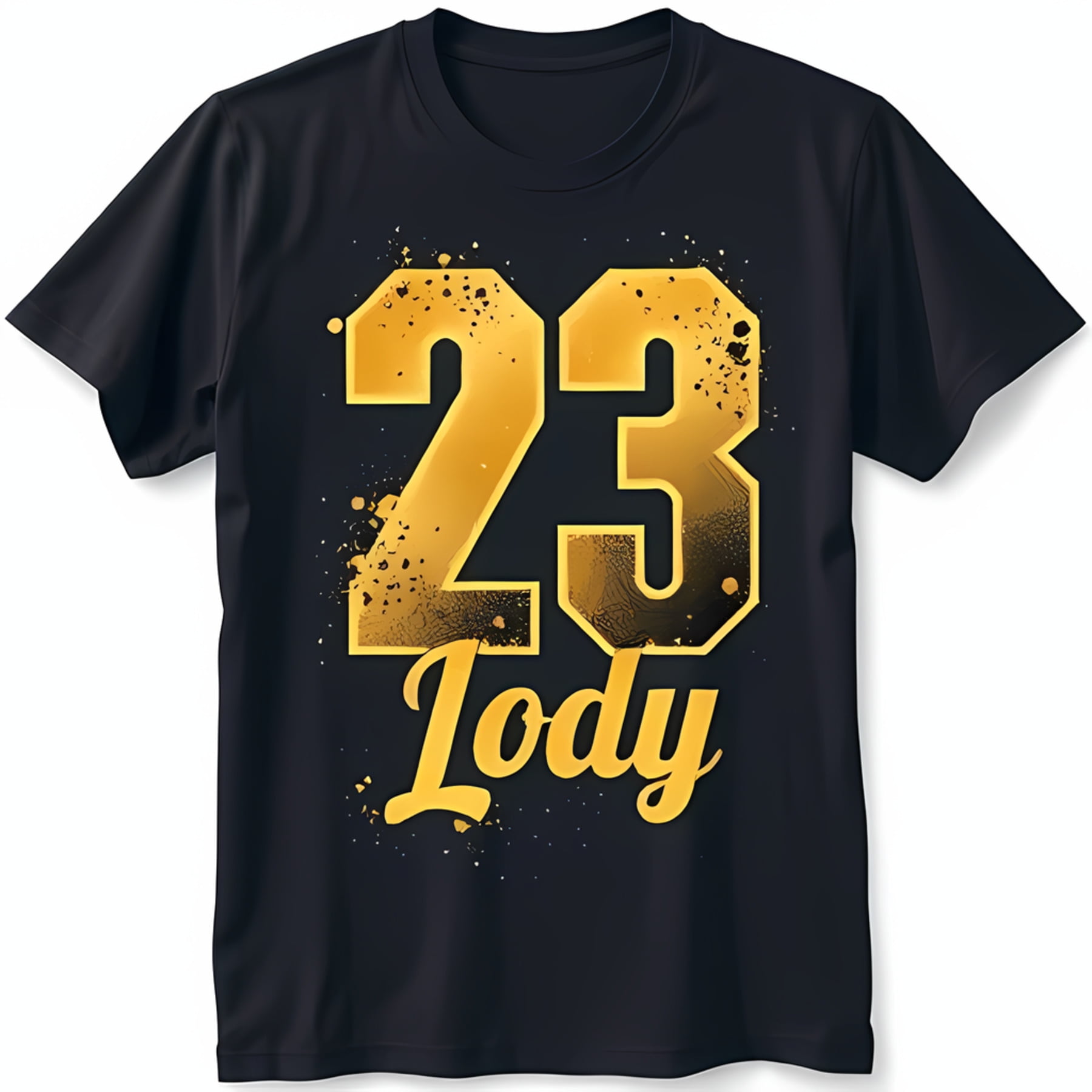Retro Black T-Shirt with Bold Gold 23 Design and Playful 'Lody' Script ...