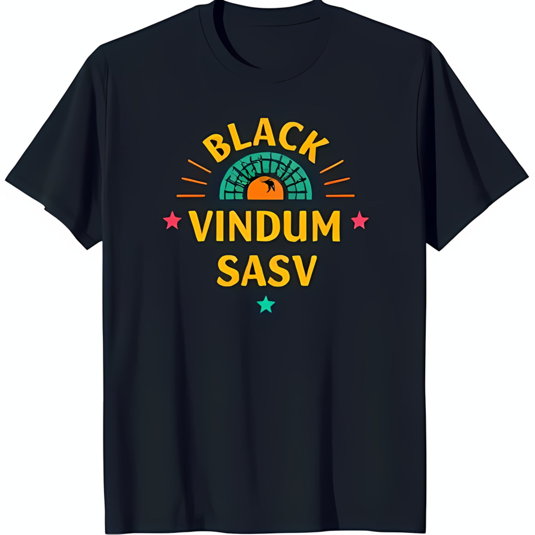 Retro Black T-Shirt with Bold Sun Graphic & 'Black Vindum Sasv' Text ...