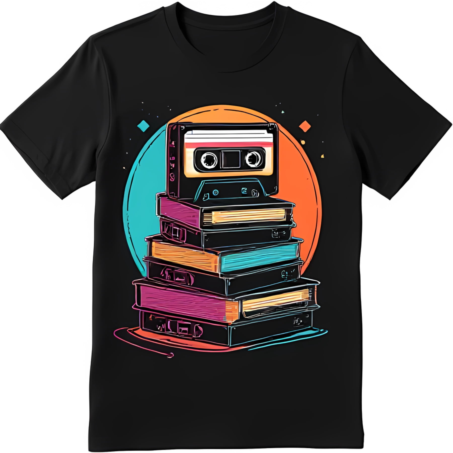 Retro Black T-Shirt with Colorful Cassette and VHS Tape Illustration ...