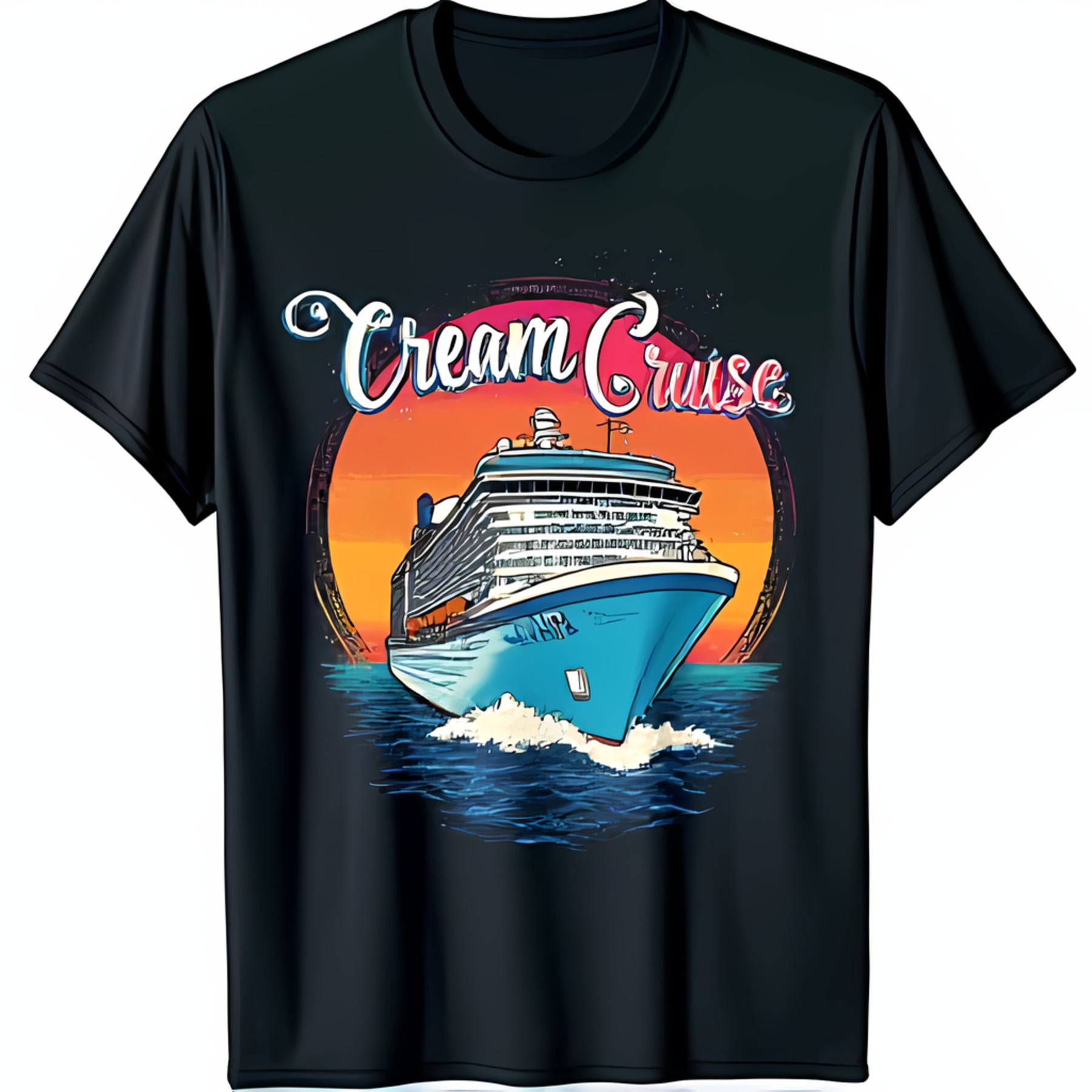 Retro Black T-Shirt with Colorful Cruise Ship Graphic & Cream Cruise ...