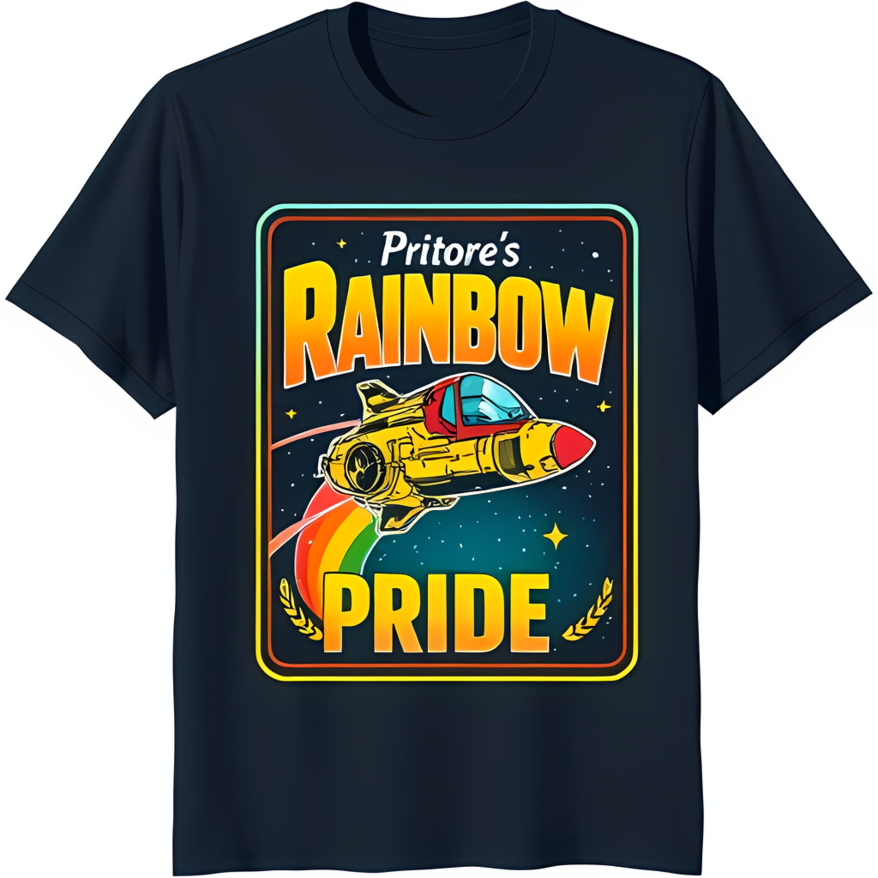 Retro Black T-Shirt with Colorful Spaceship & Rainbow 'Pritore's Rainbow Pride' Graphic Tee ...