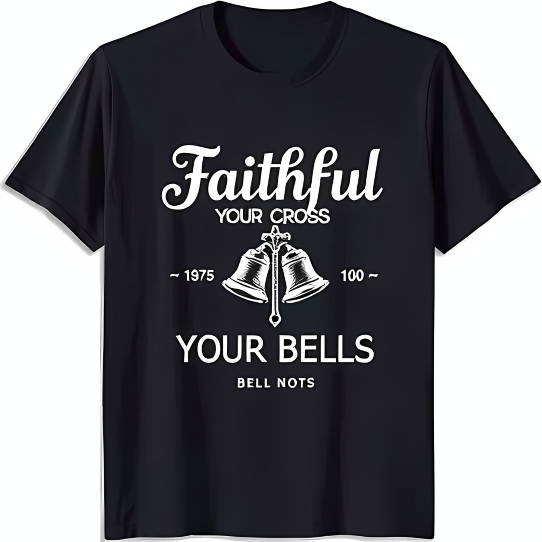 Retro Black T-Shirt with 'Faithful Your ' Graphic Bells & 1975 Design ...