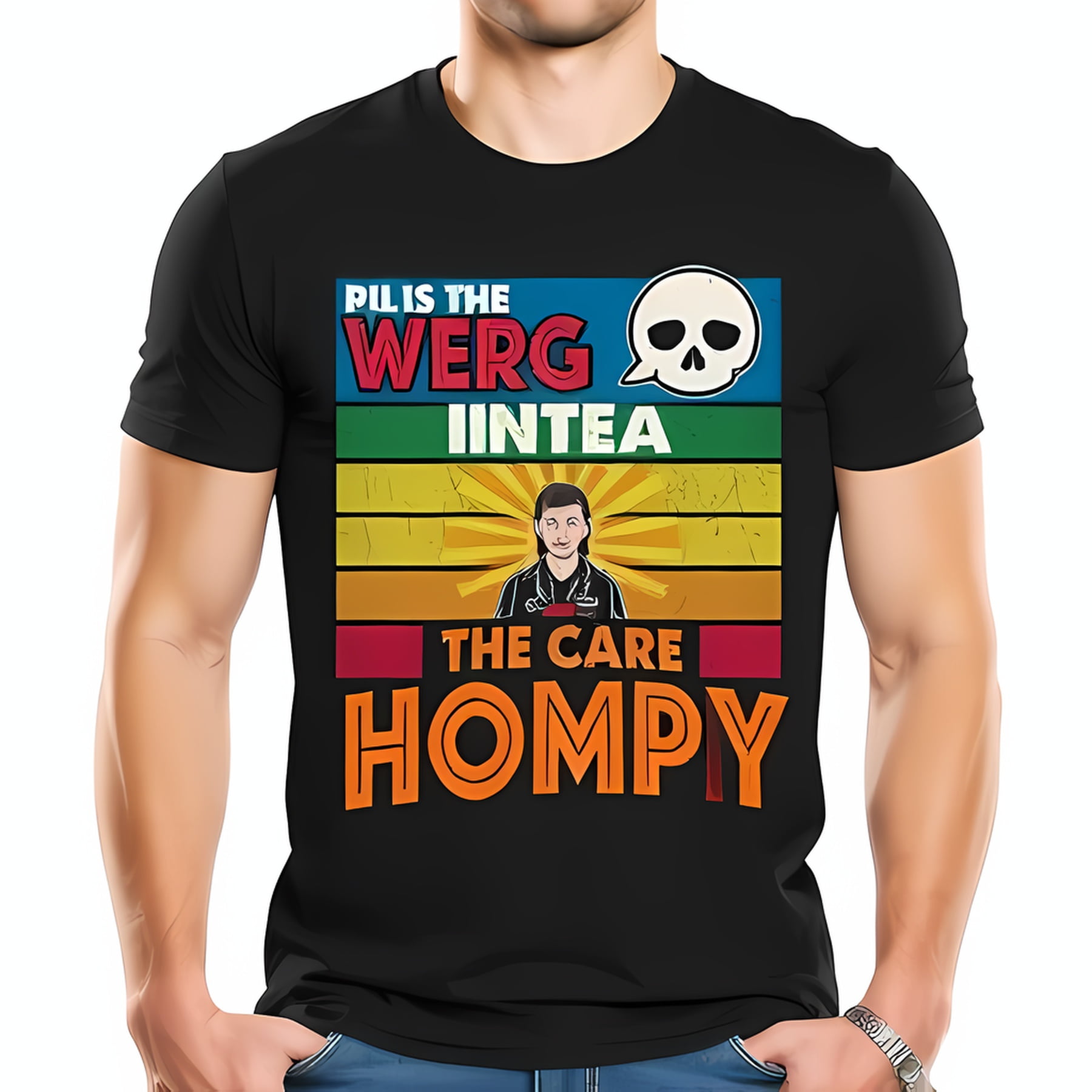 Retro Black T-Shirt with Sunset Stripes Bold Text "PIL IS THE WERG ...