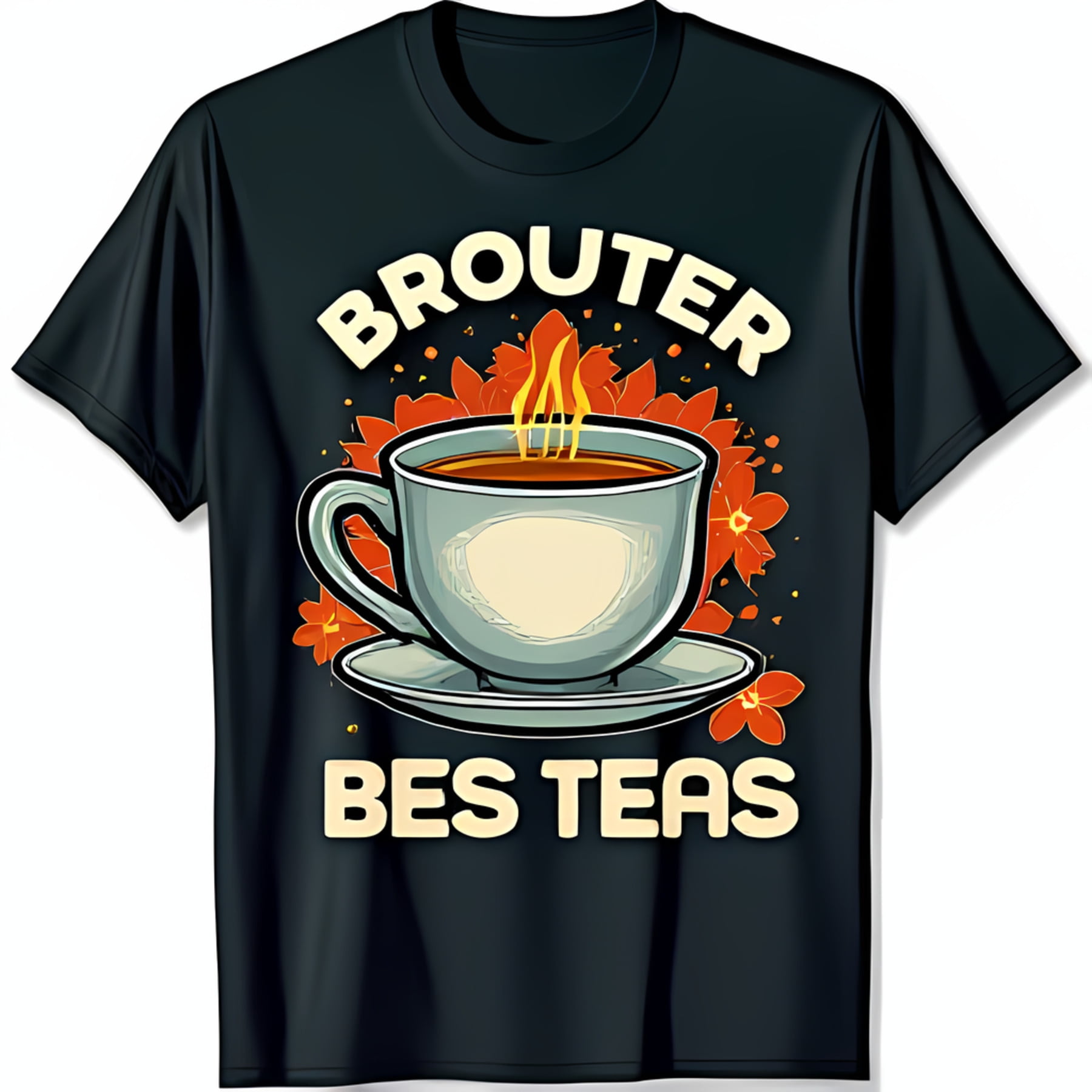 Retro Black T-Shirt with Teacup and Floral Design 'BROUTER BES TEAS ...