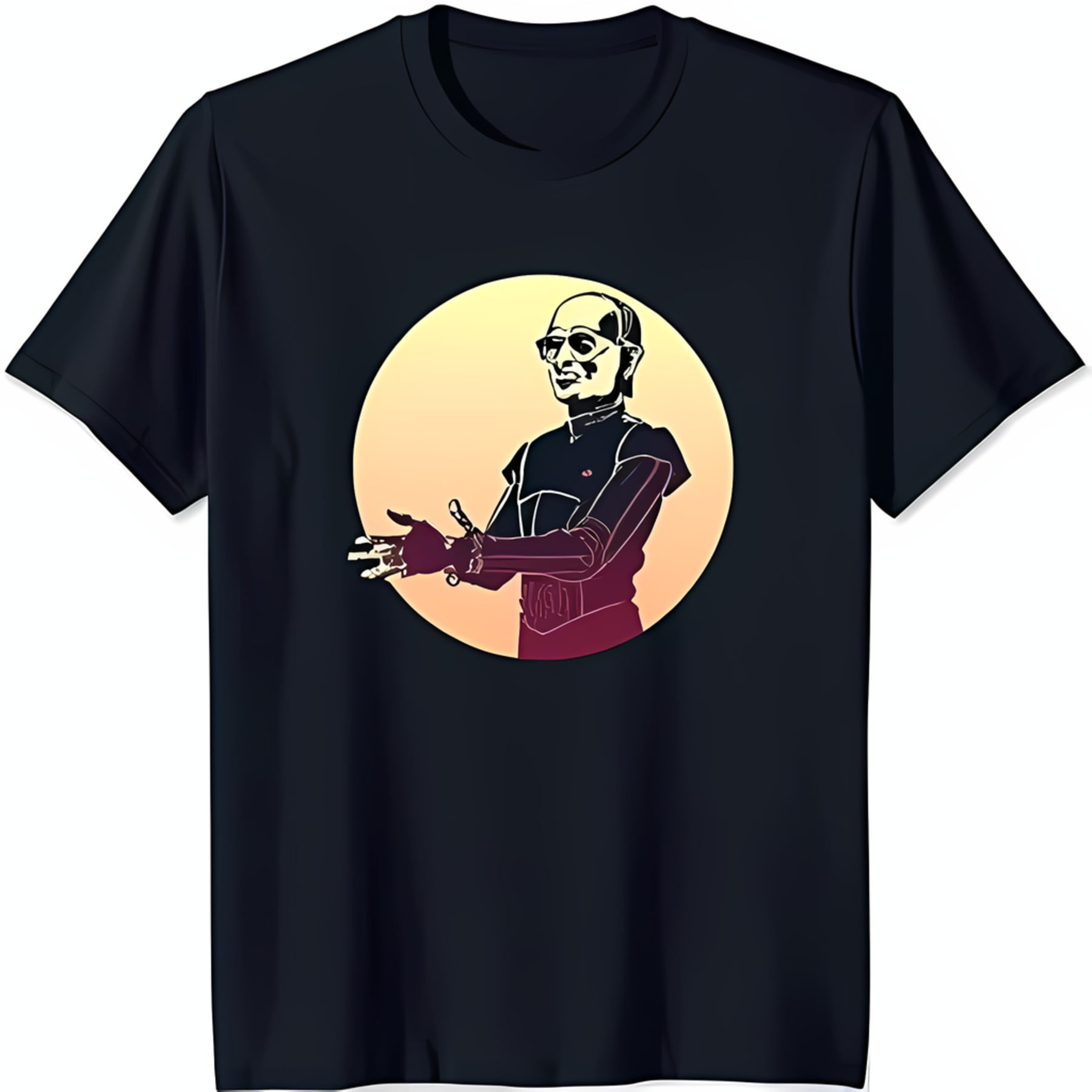 Retro Black T-Shirt with Vibrant Graphic of Robotic Arm Man & Sun ...