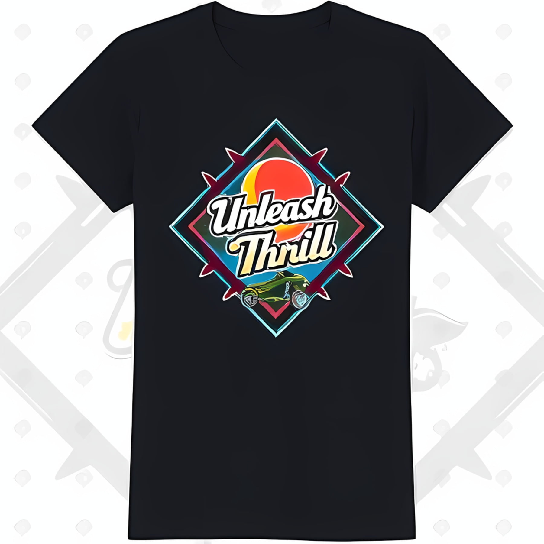 Retro Black T-Shirt with Vibrant Stylized Car & 'Unleash Thrill ...