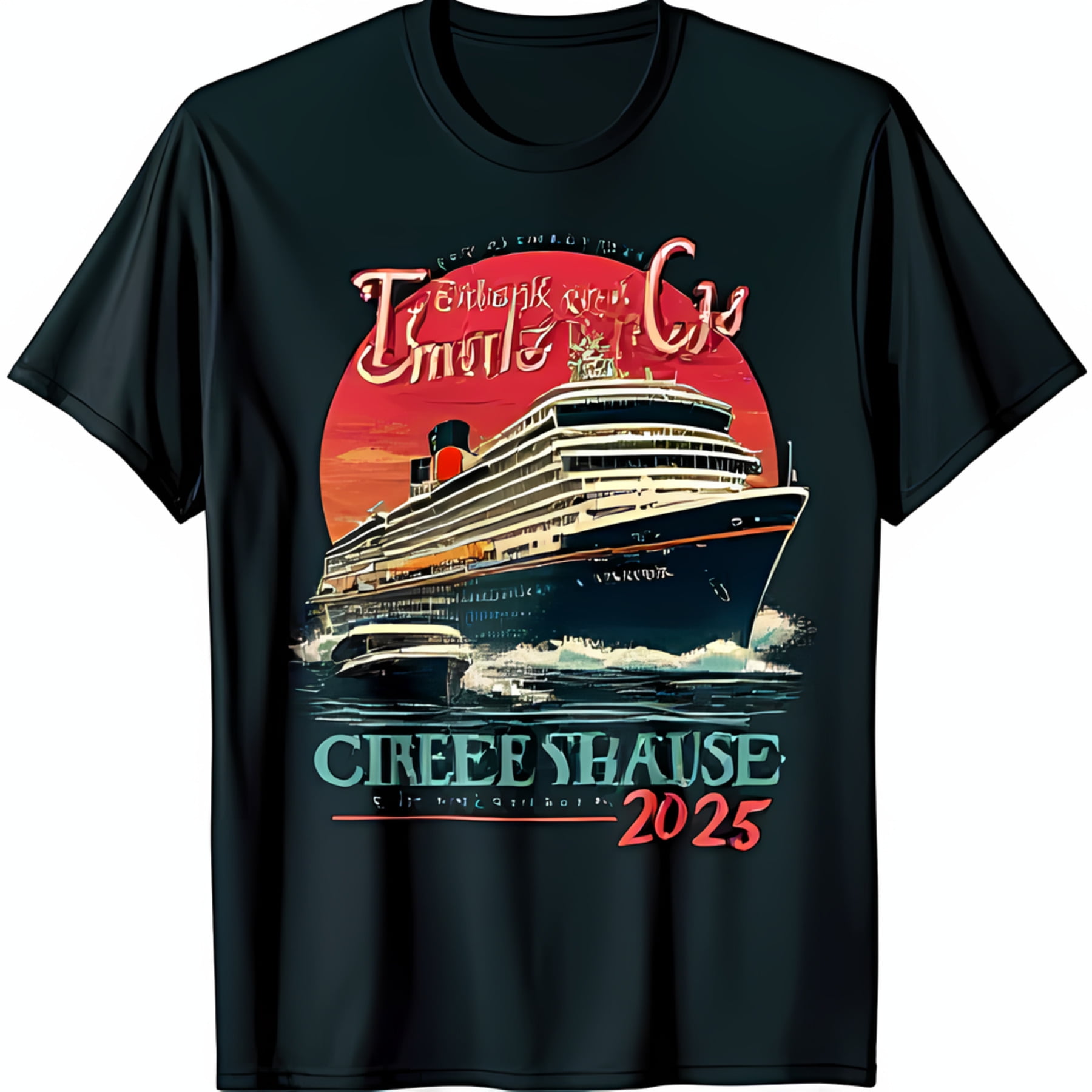 Retro Black T-Shirt with Vintage Cruise Ship Sunset Design The Emmet ...