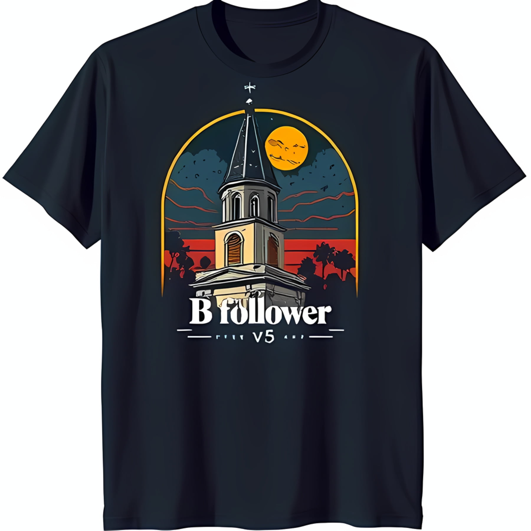 Retro Black T-Shirt with Vintage & Moon Graphic B Follower V5 Design ...