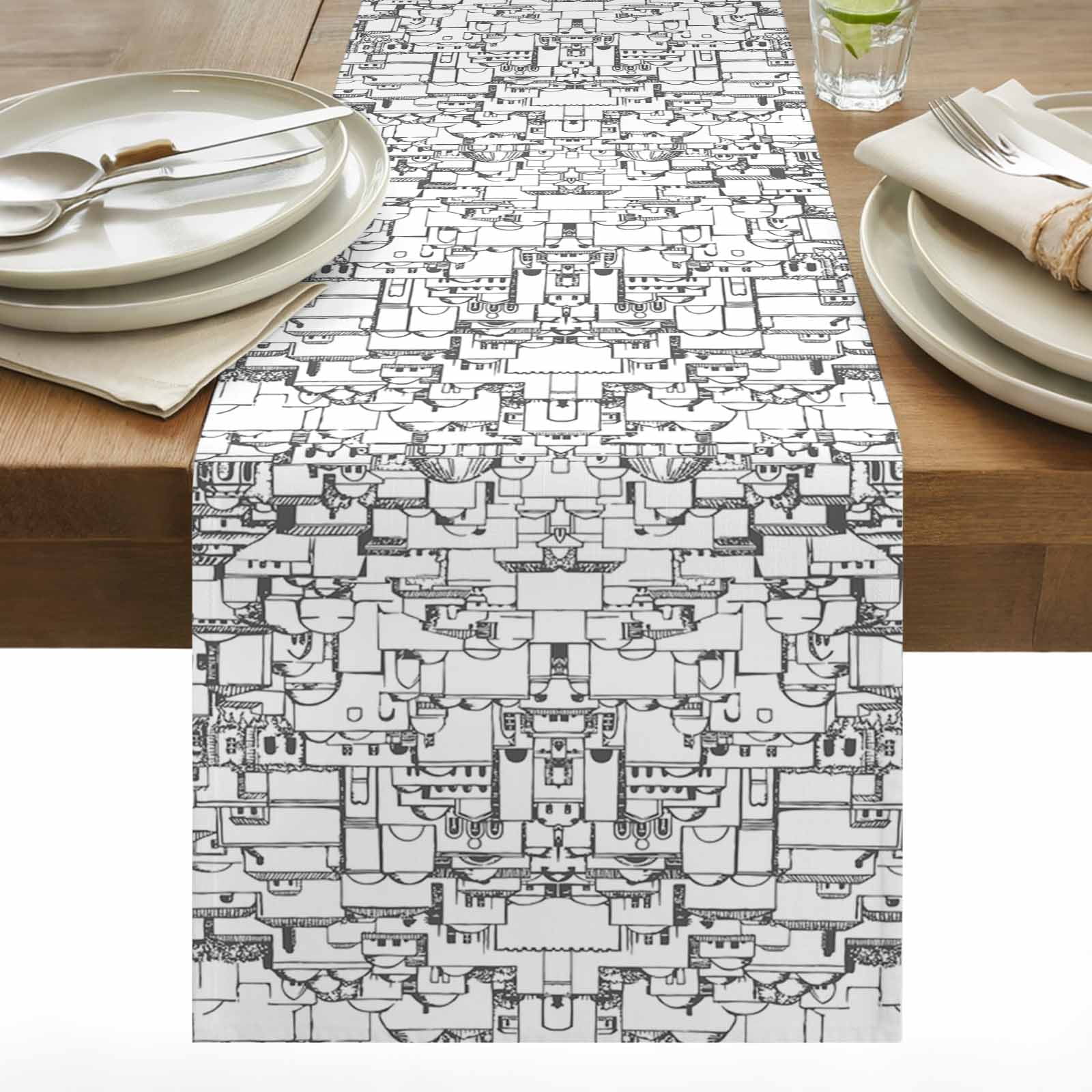Retro Black Table Runner 13x72 inch Gray Castle Lineart Silhouette ...