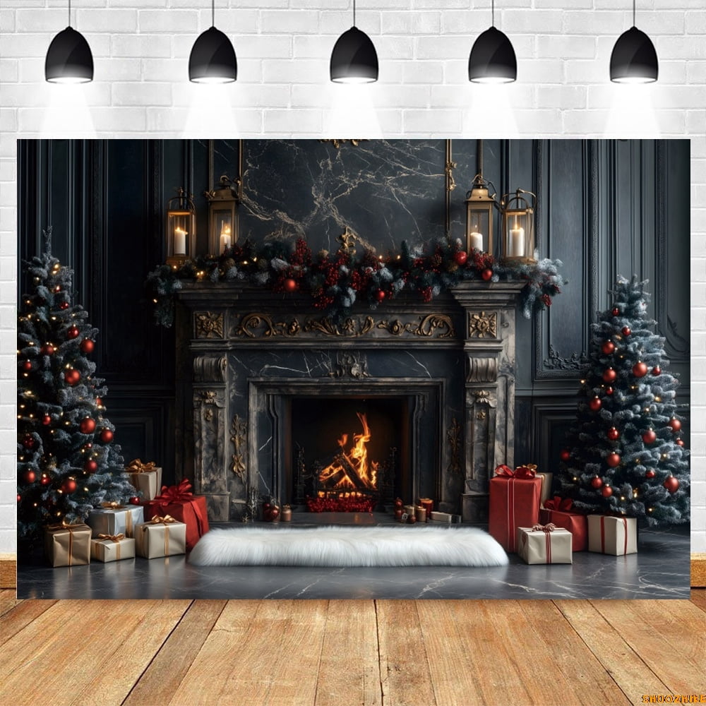 Retro Black Wall Fireplace Backdrop Xmas Tree Gifts Kids Family ...