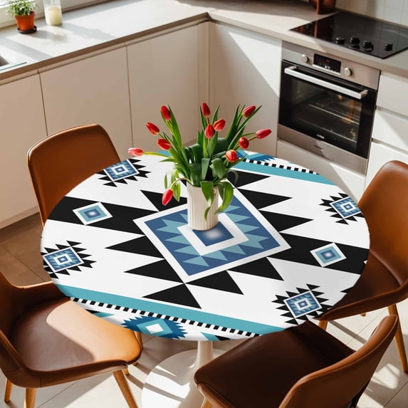 Retro Black White Bohemian Pattern Round Fitted Tablecloth with Elastic ...