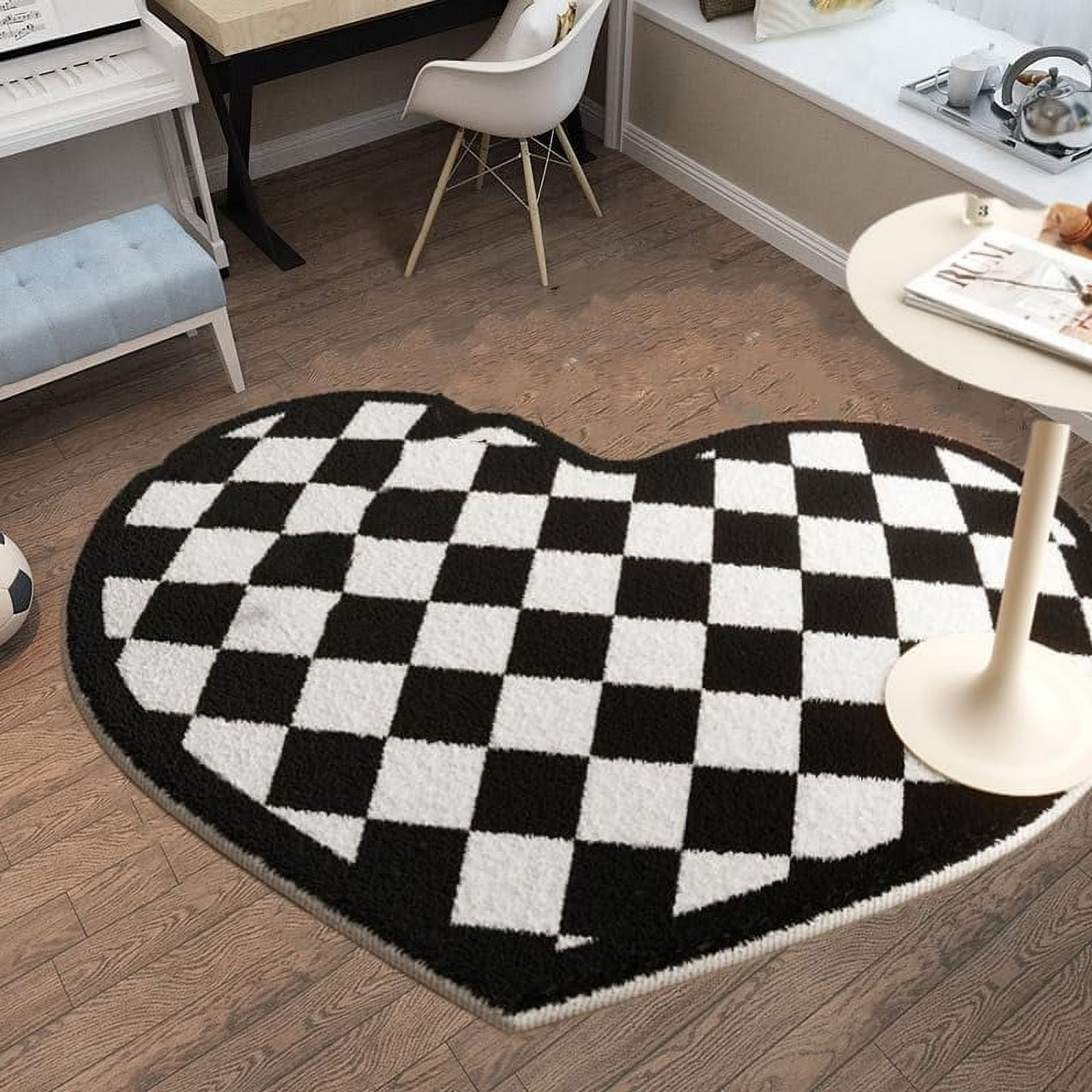 Retro Black White Checkered Rugs with Heart Shaped Shag Rug for Girls ...