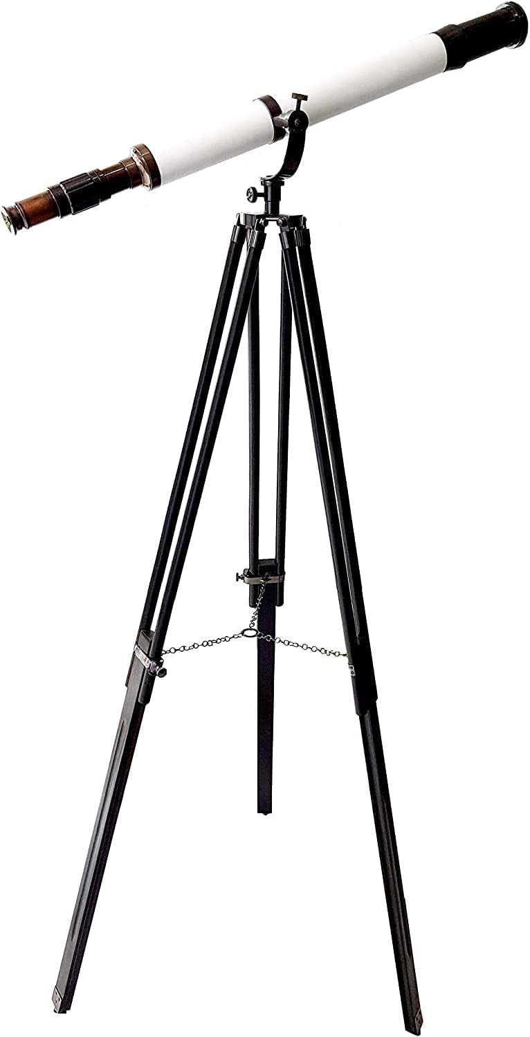 Retro Black Wooden Tripod Telescope Antique White Leather Handmade Moon ...