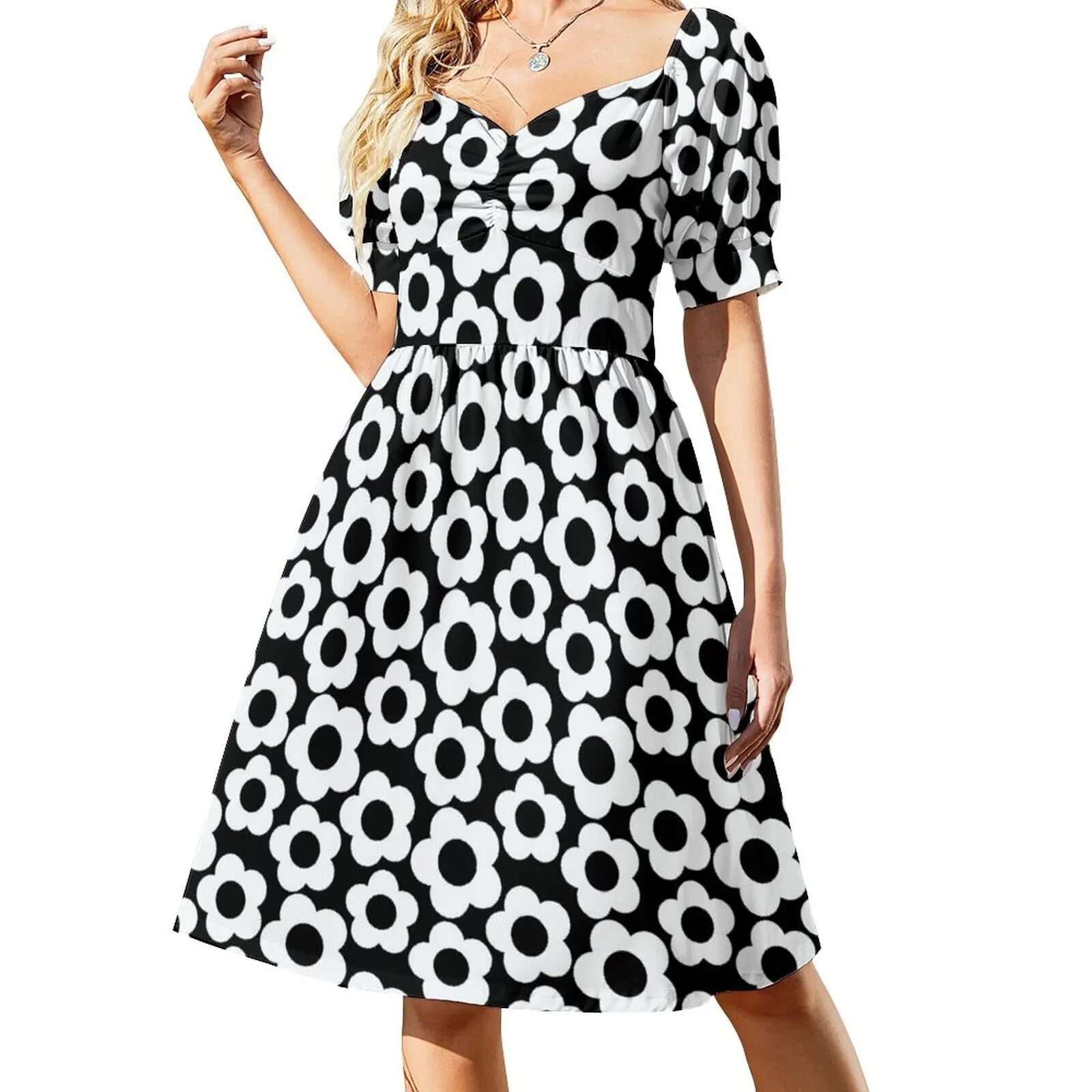 Retro Black and White Simple Flower Pattern Dress luxury women's party ...