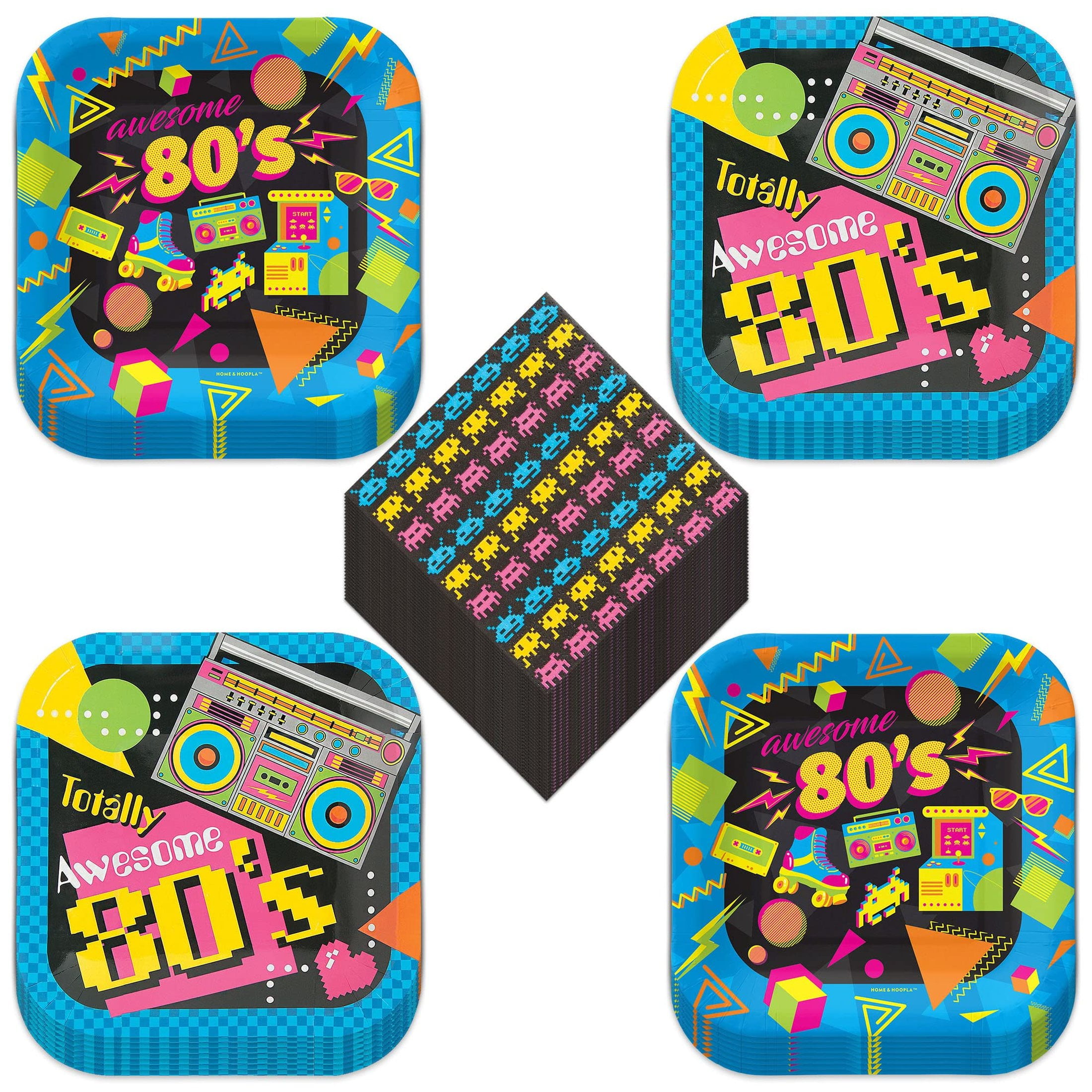 Retro Blast Party Pack - 80s Icons Paper Plates & Napkins Set for 32 ...