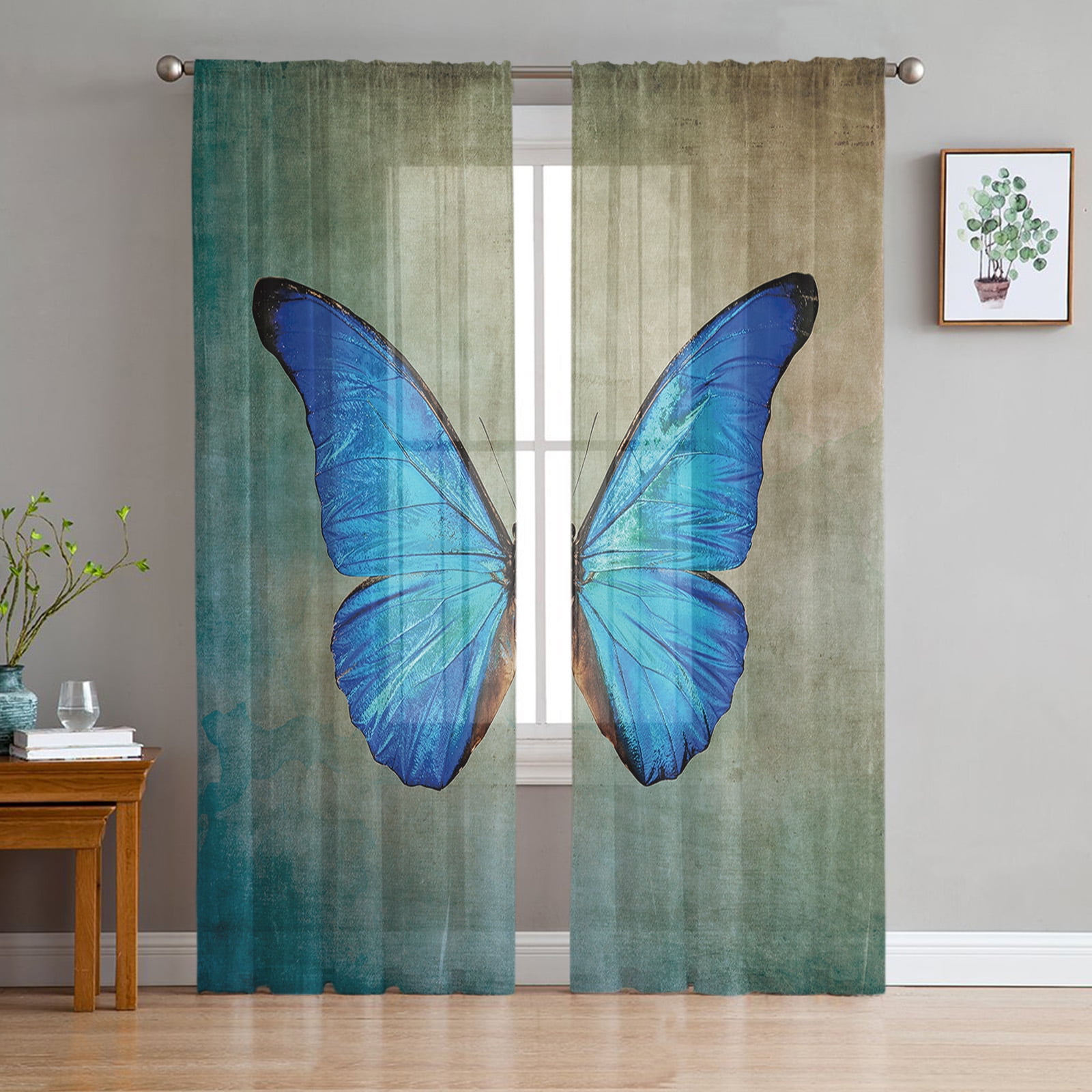 Retro Blue Butterfly Tulle Curtains for Living Room Bedroom Sheer Voile ...