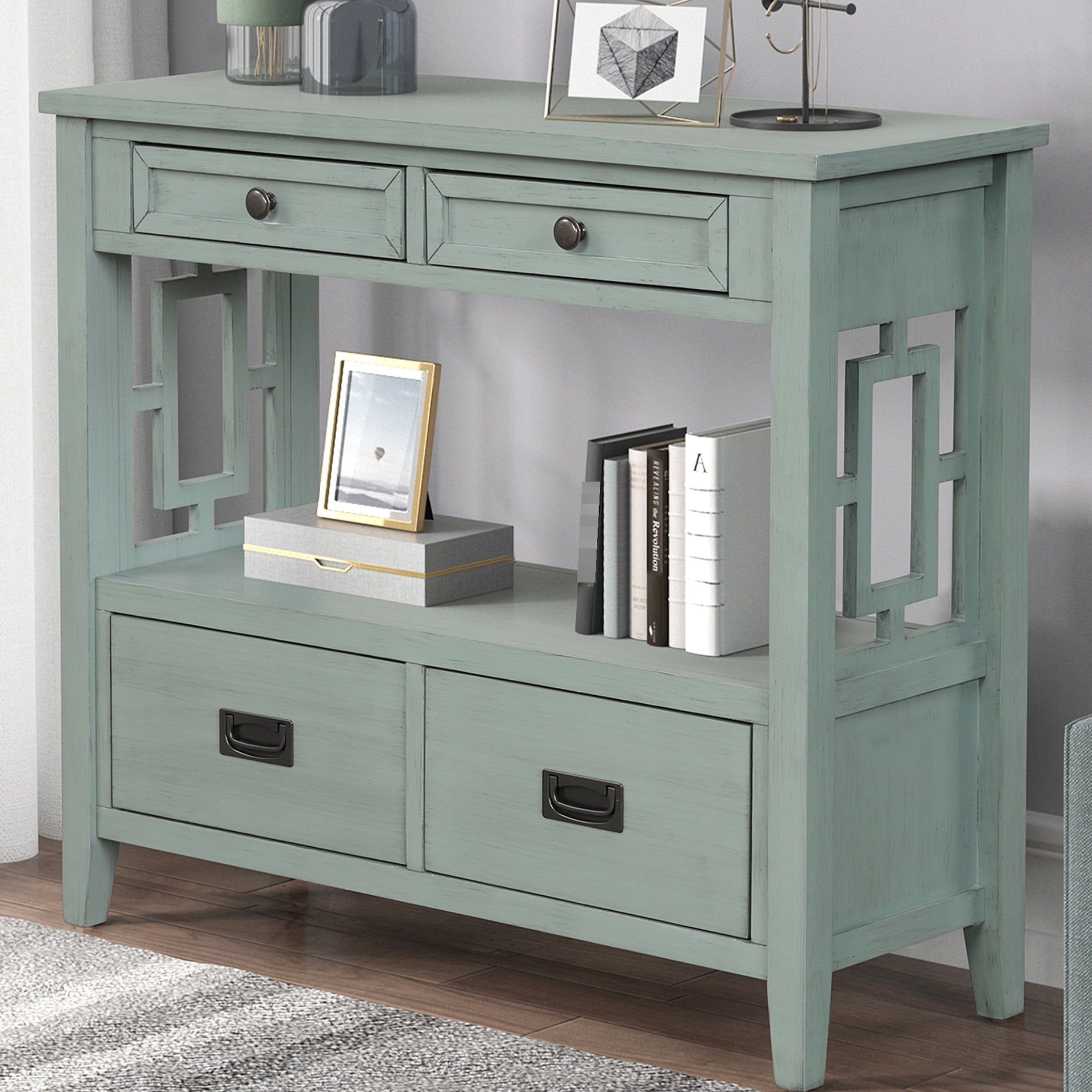 Retro Blue Console Table With 4 Drawers And 1 Shelf. Solid Pine Wood ...