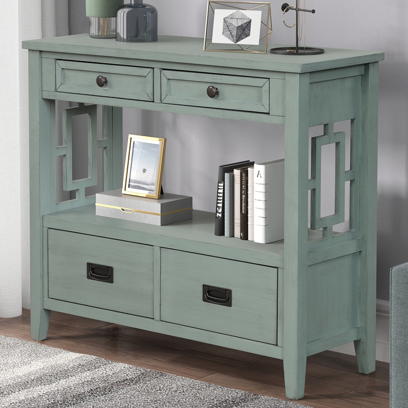 Retro Blue Farmhouse Console Table with 4 Drawers & Shelf for Living ...