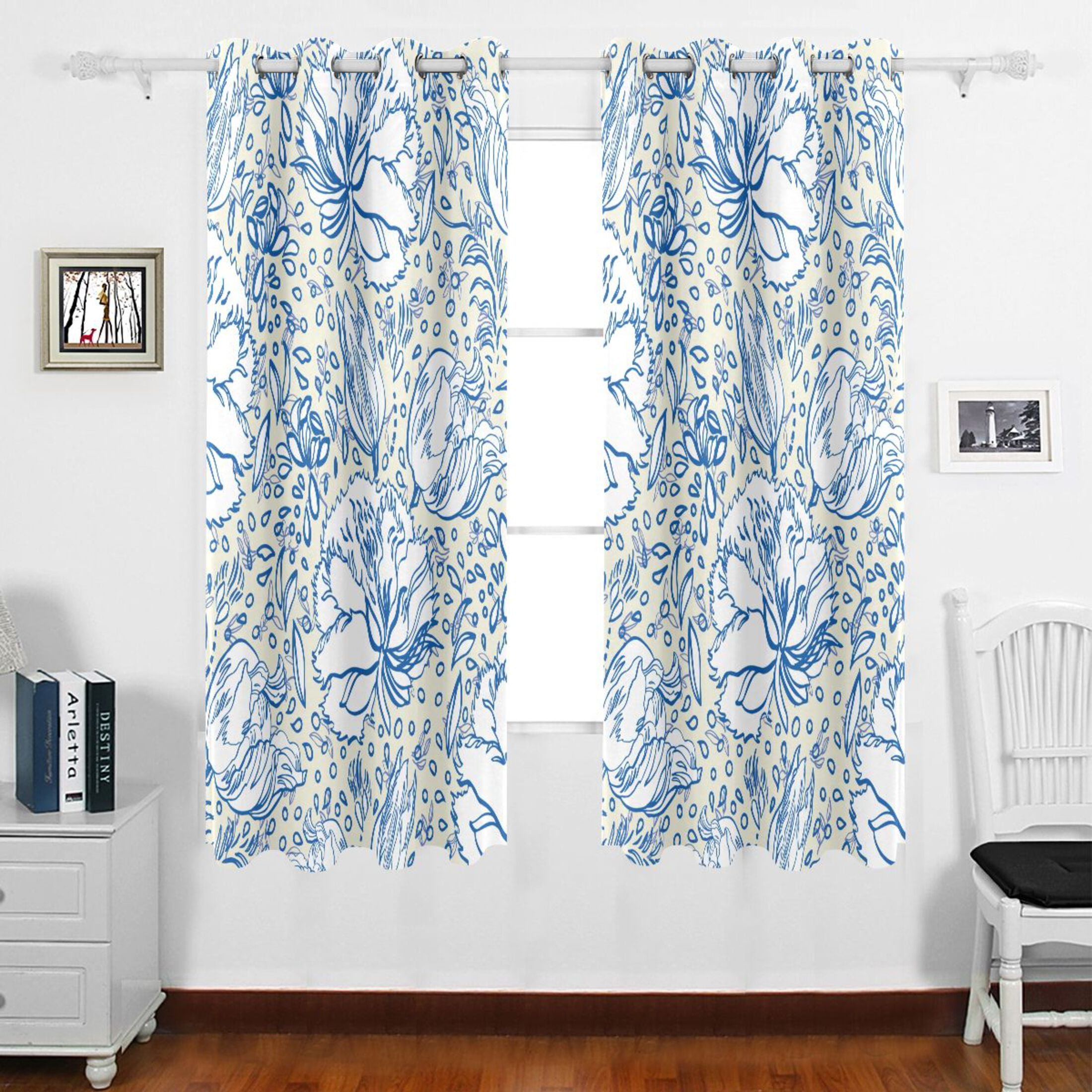 Retro Blue Floral Bouquet Flower Grommet Blackout Curtains Thermal ...