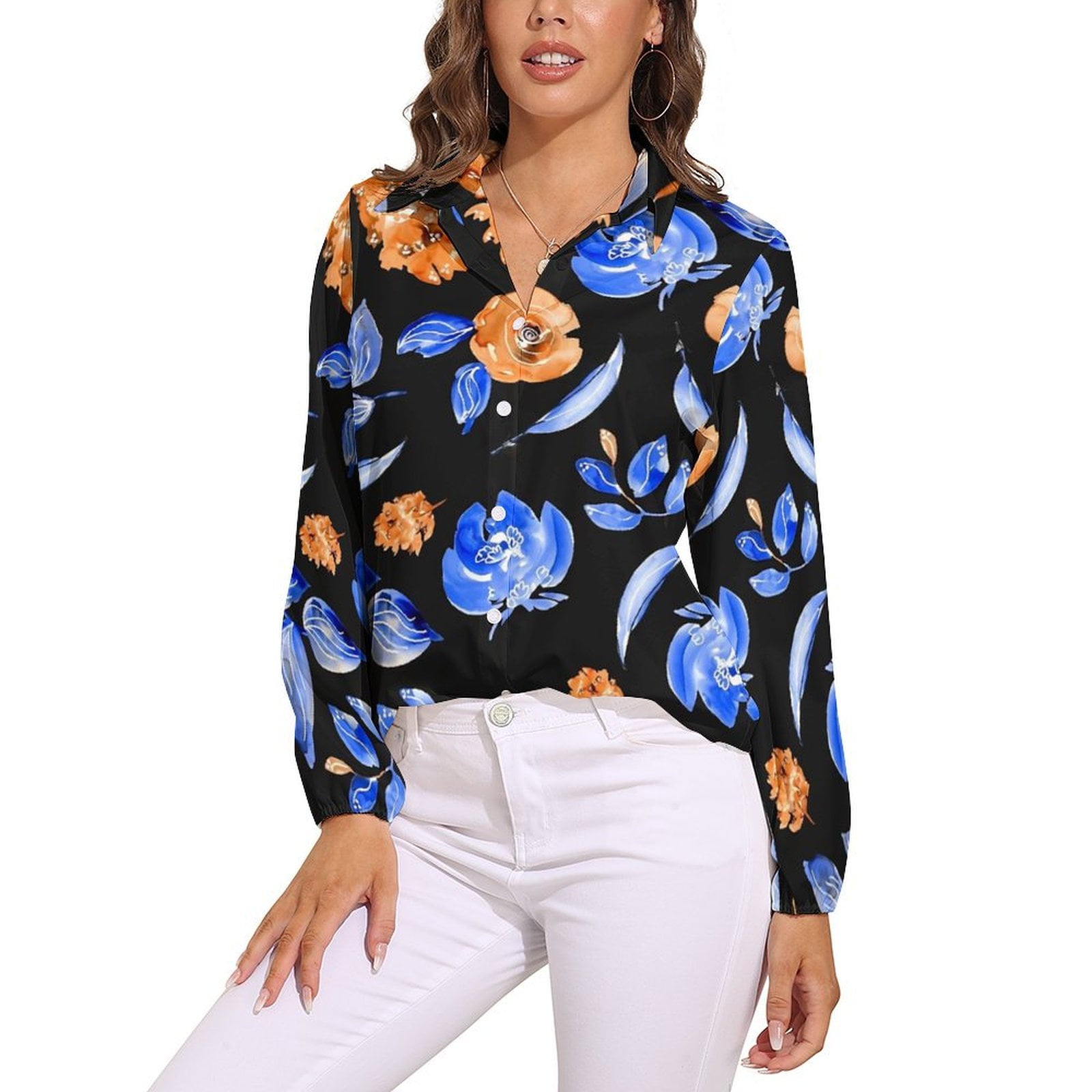 Retro Blue Flower Blouse Long Sleeve Willow Floral Print Cute Blouses ...