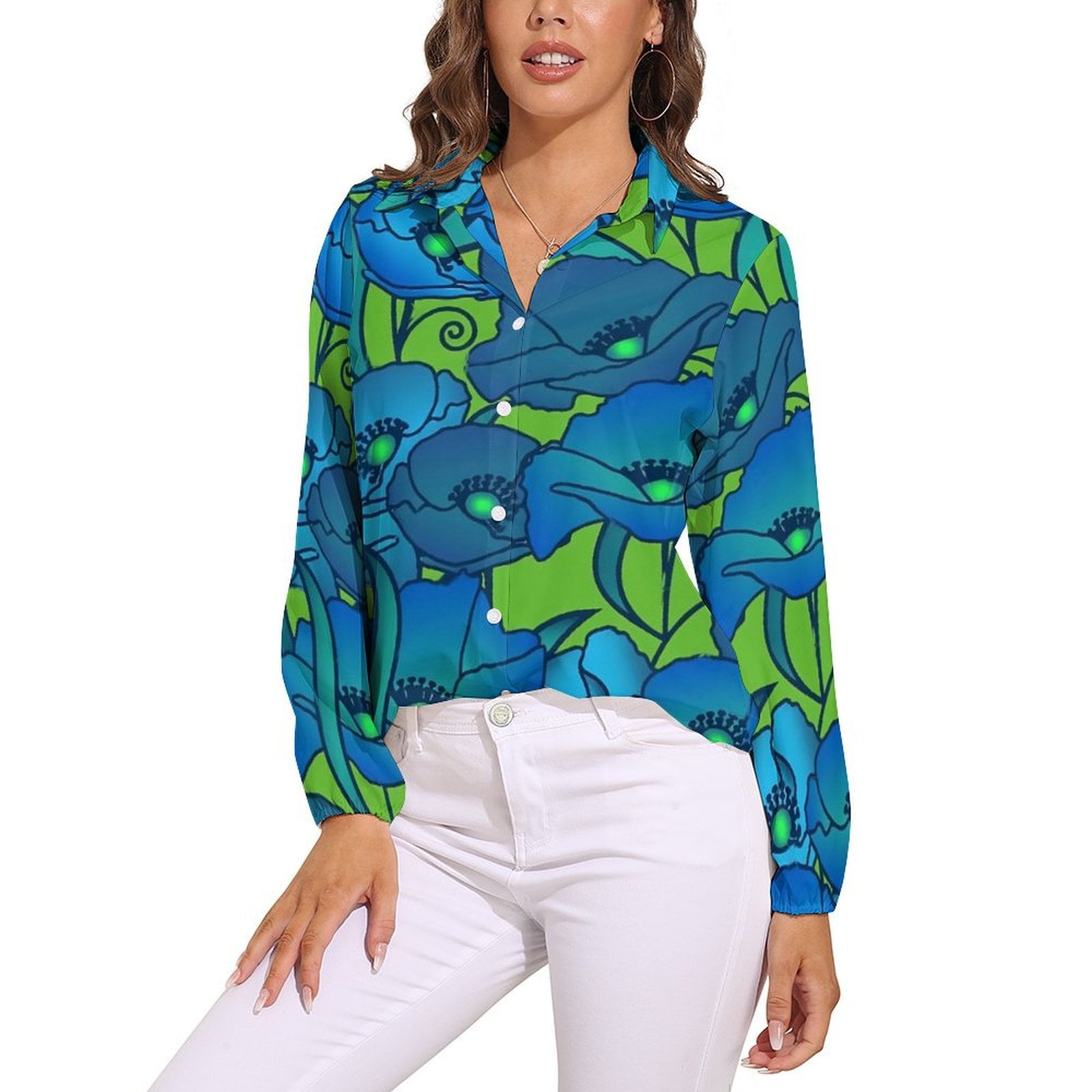 Retro Blue Flower Blouse Long Sleeve Willow Floral Print Cute Blouses ...