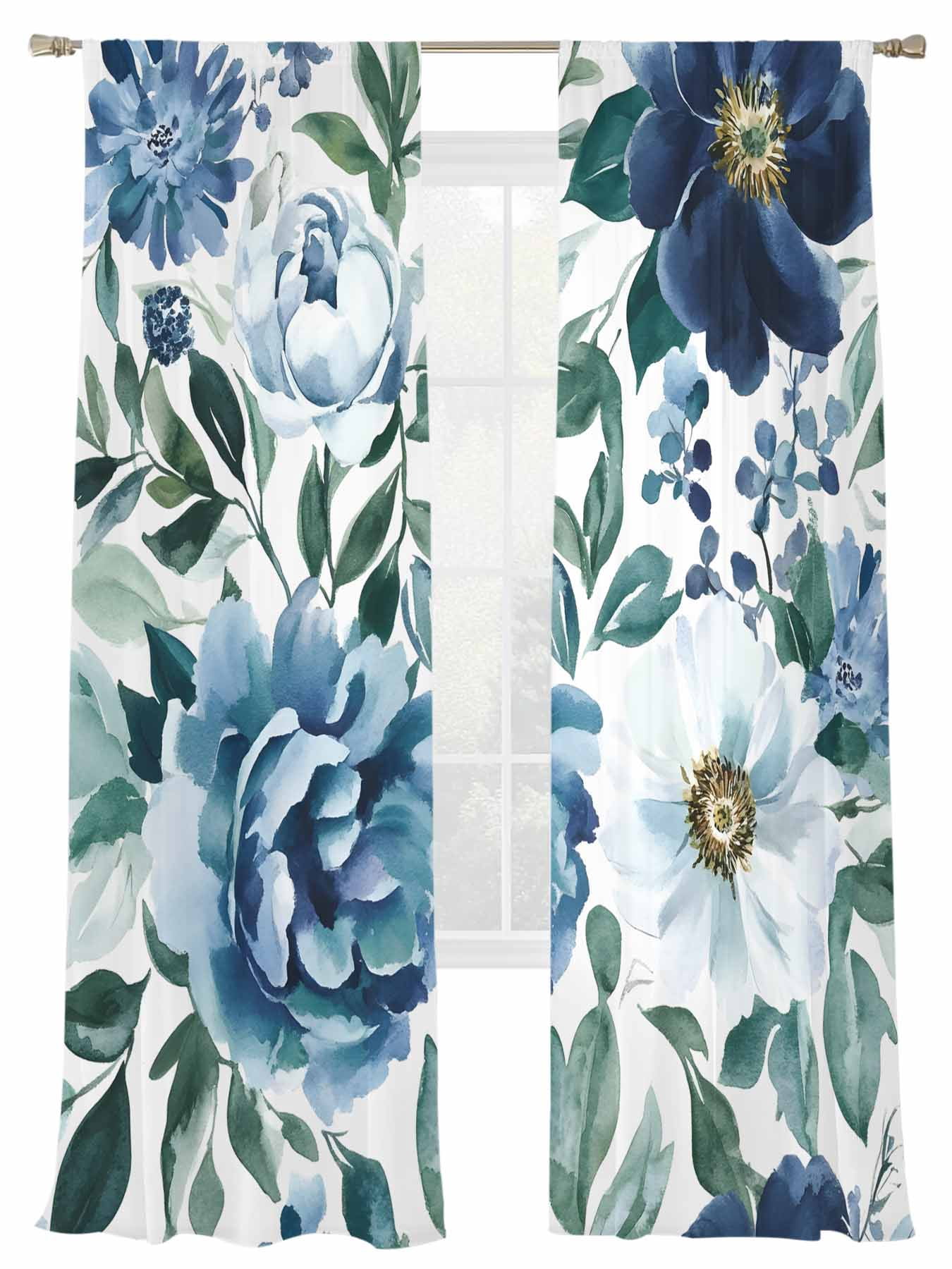 Retro Blue Flower Sheer Curtains for Living Room Bedroom, Light ...