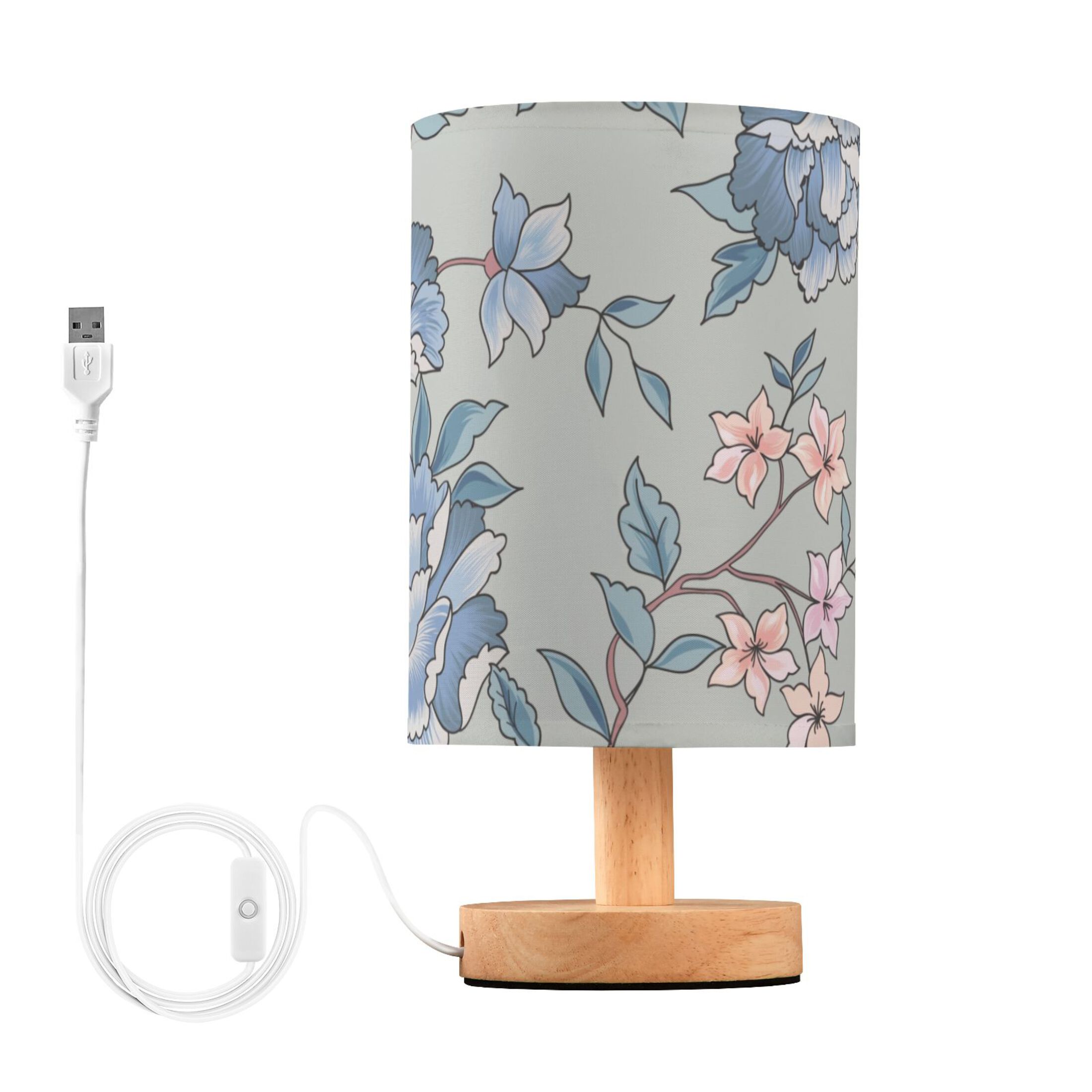 Retro Blue Flowers Bedside Table Lamp LED Warm Lights with USB Charging ...