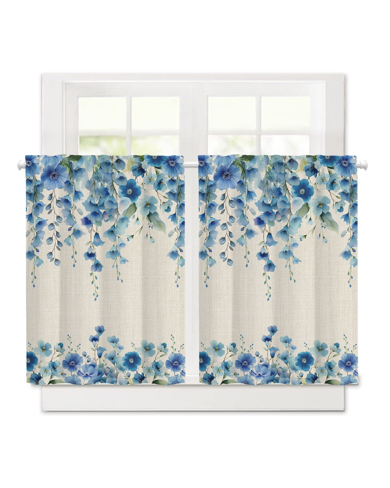 Retro Blue Flowers on Jam Short Blackout Curtains 36 Inch Long,Country ...