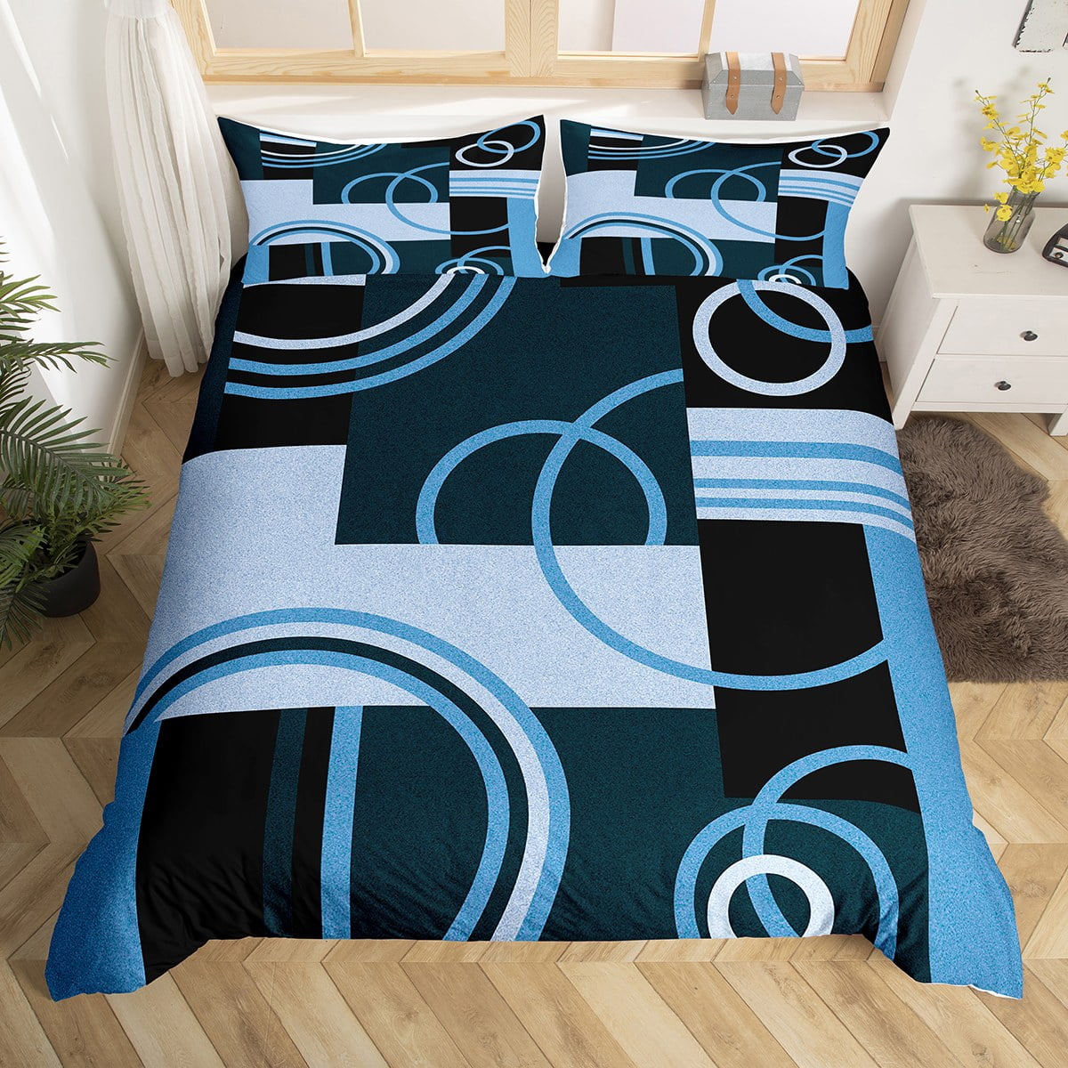 Retro Blue Grey Black Duvet Cover Full Abstract Stripes Circles Bedding ...