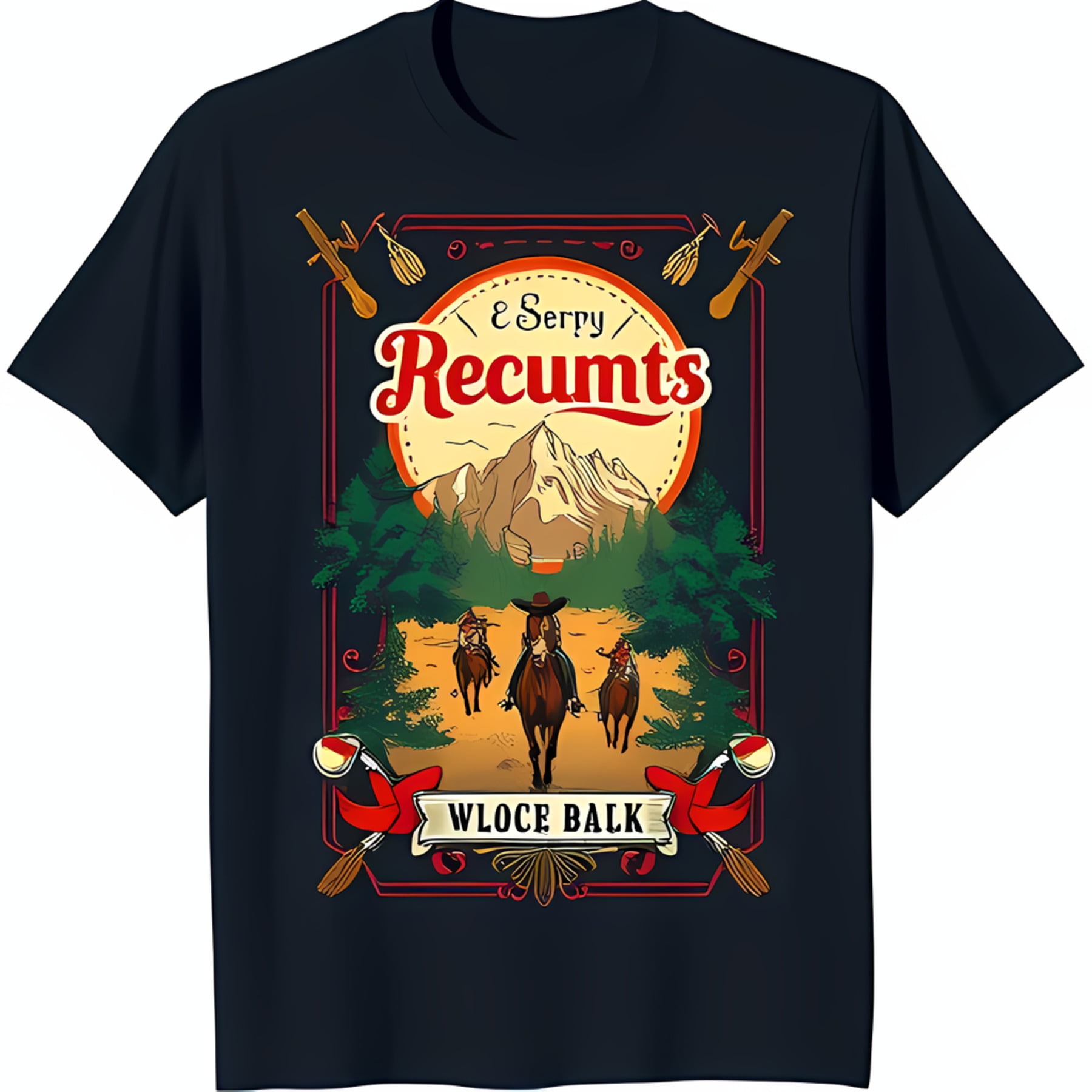 Retro Blue T-Shirt with E Serry Recunts Horseback Riders in Forest ...