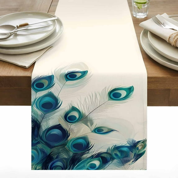 Retro Blue Table Runner 13x48 inch Green Peacock Feathers Abstract Art ...